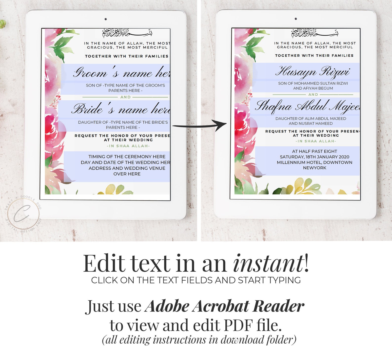 Editable Nikah Card Invitation Printable Digital Download, Floral ...