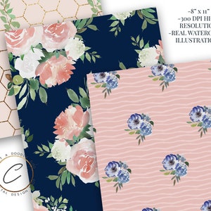 Blush & Navy Digital Paper Pack | Chic Scrapbook Prints,patterns ...