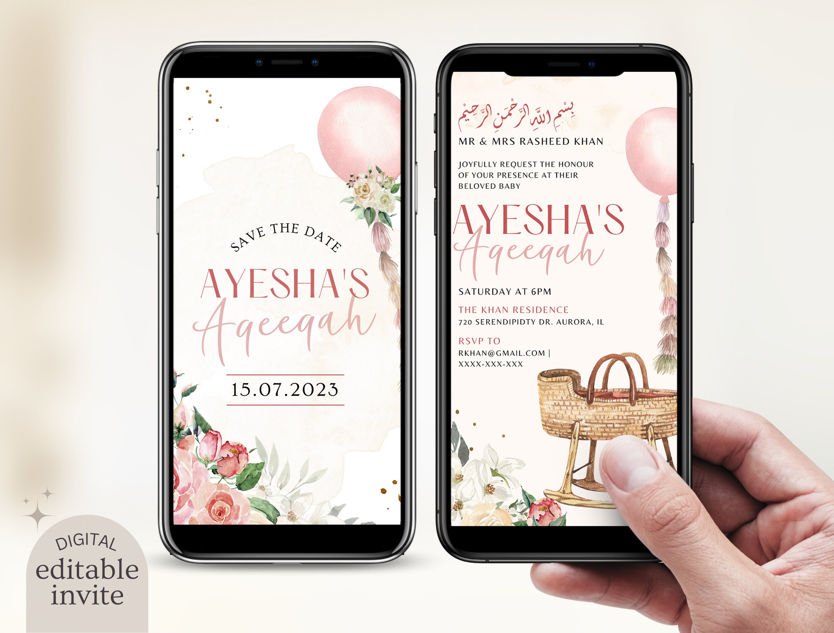 Editable Aqeeqah Invitation for Baby Girl Digital Download, Custom Pink ...