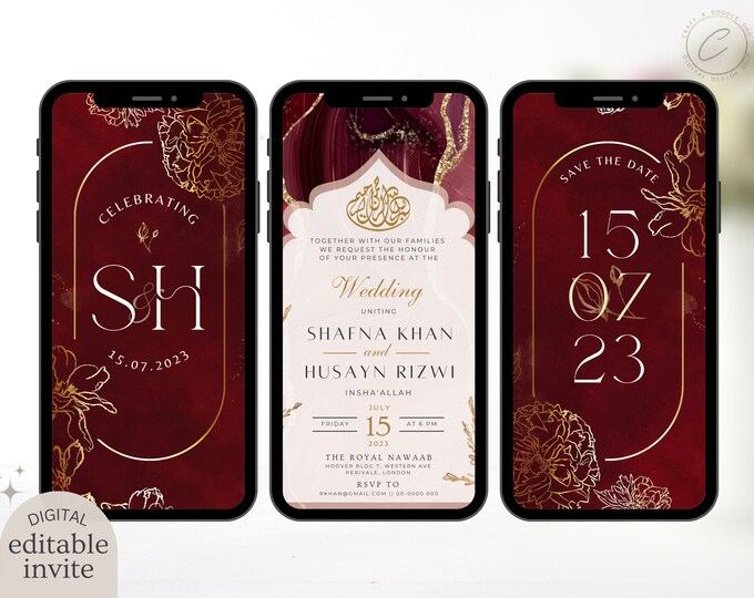 Digital Muslim Wedding Invitation Template, Electronic Burgundy Maroon ...
