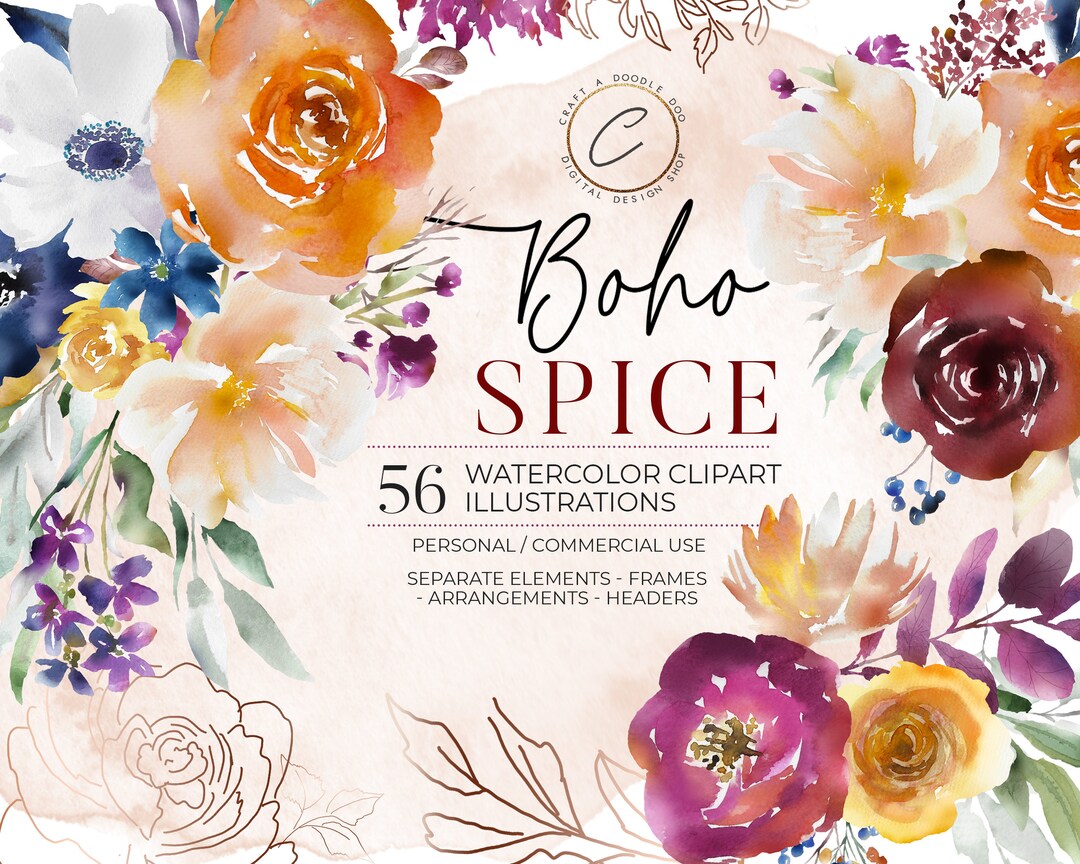 Boho Watercolor Floral Clipart Commercial Use, Rustic Flower ...