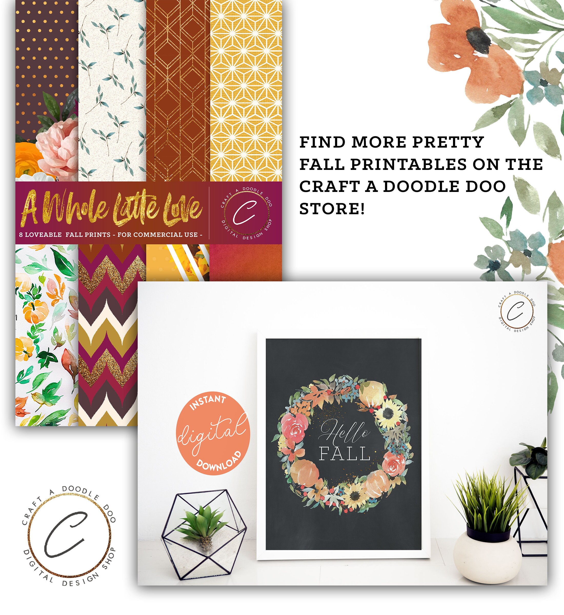 Rustic Fall Digital Paper Pack Watercolor Autumn Floral - Etsy