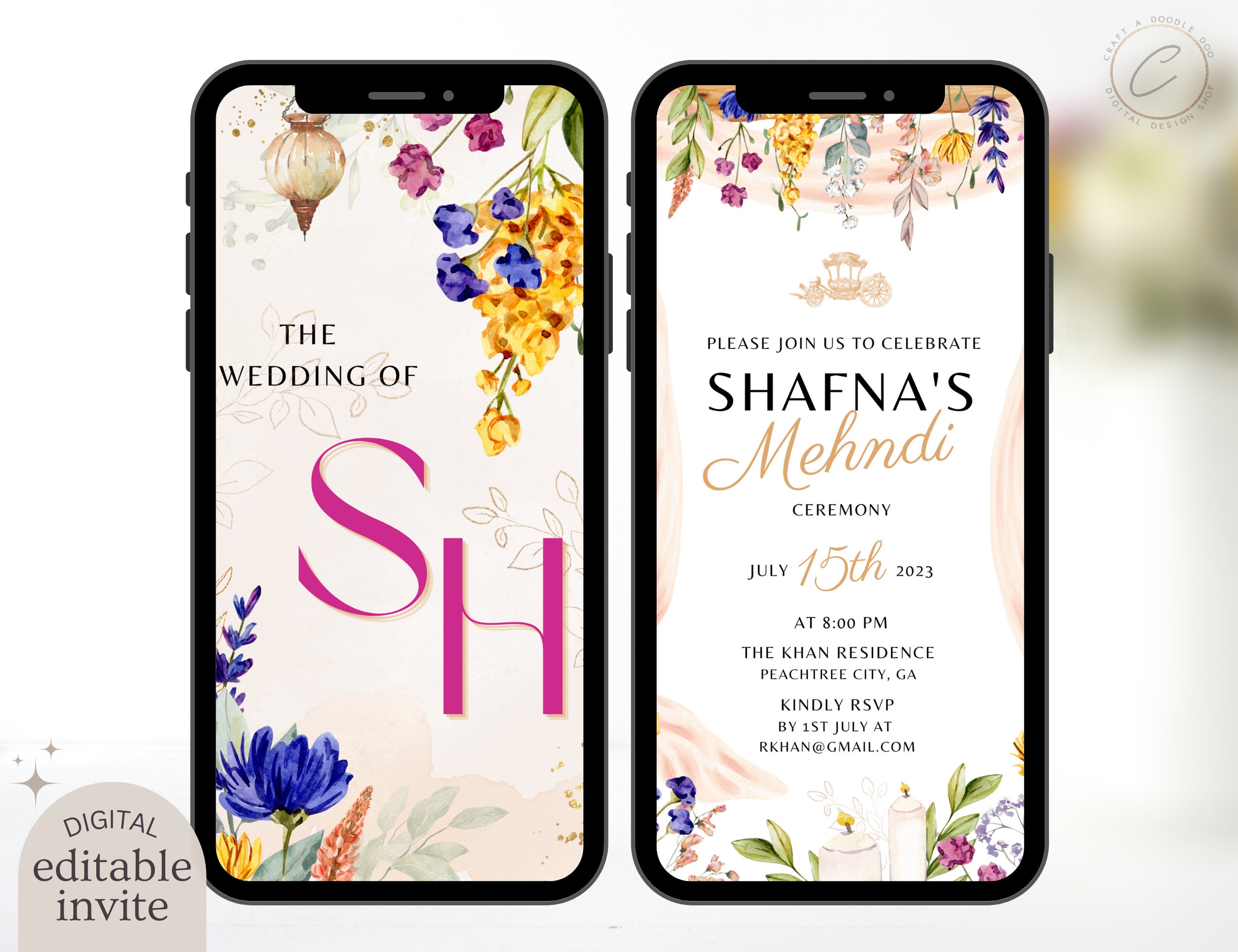 Digital Mehndi Wedding Invitation Template, Electronic Colorful Floral ...