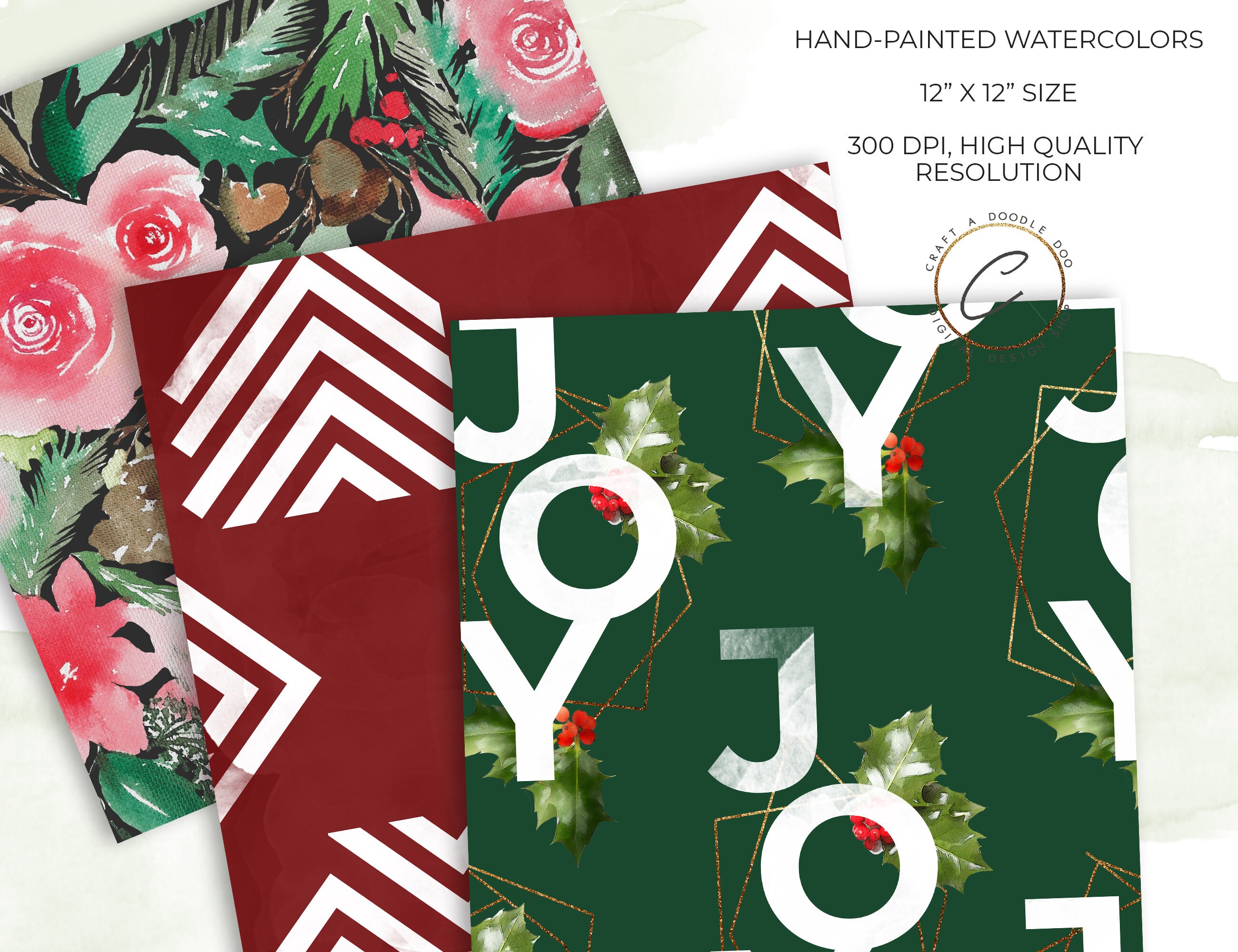 Holly Rose Digital Paper Pack Watercolor Holiday Paper Set - Etsy