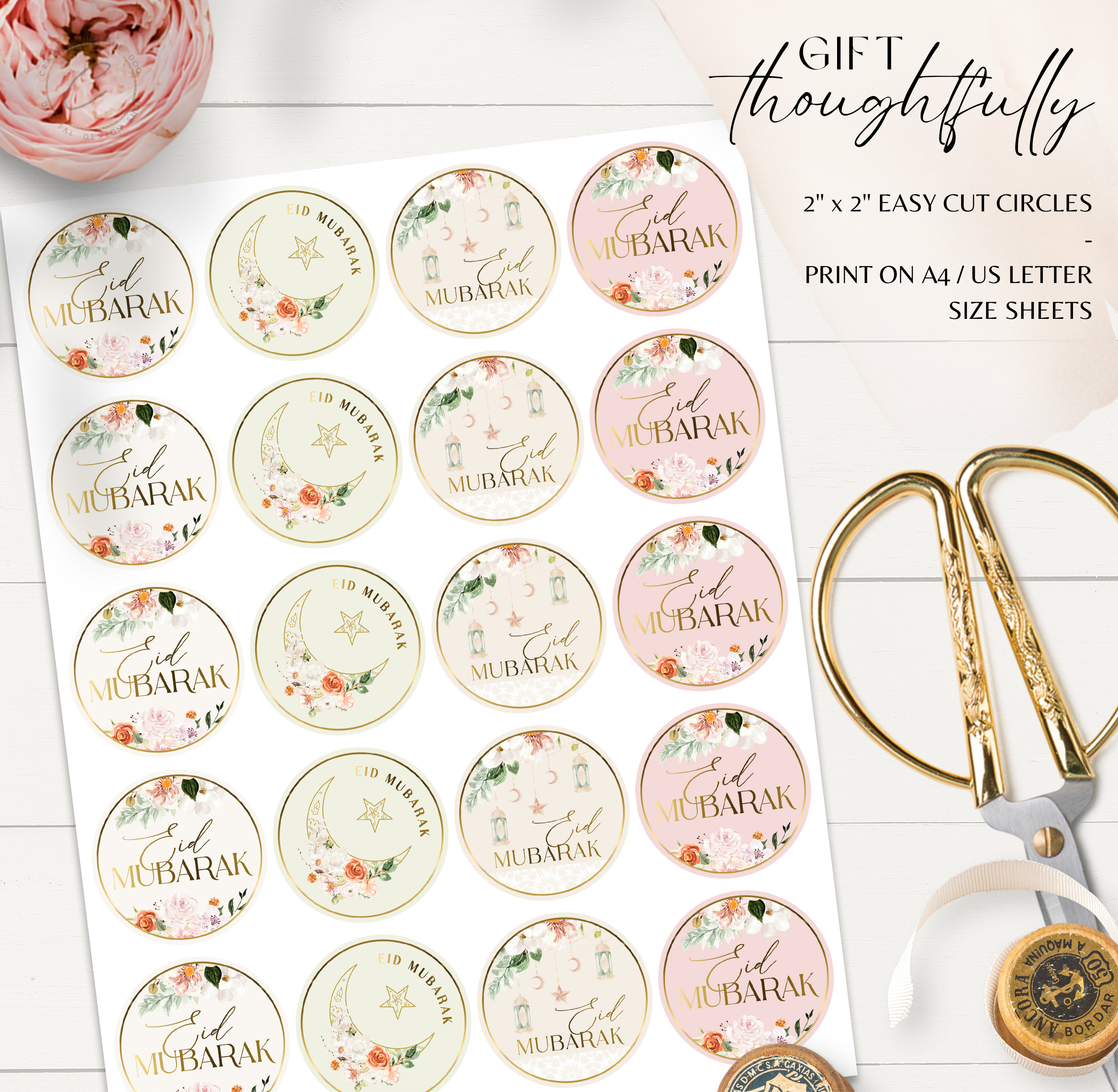 Set of 4 Eid Mubarak Stickers, Eid Gift Favor Tags Printable DIGITAL ...