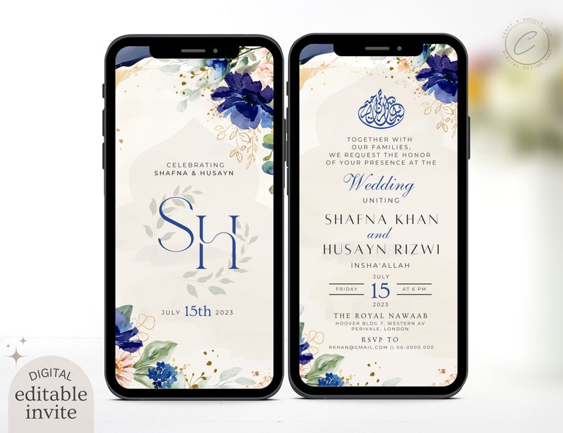 Digital Muslim Wedding Invitation Template, Electronic Navy Floral ...