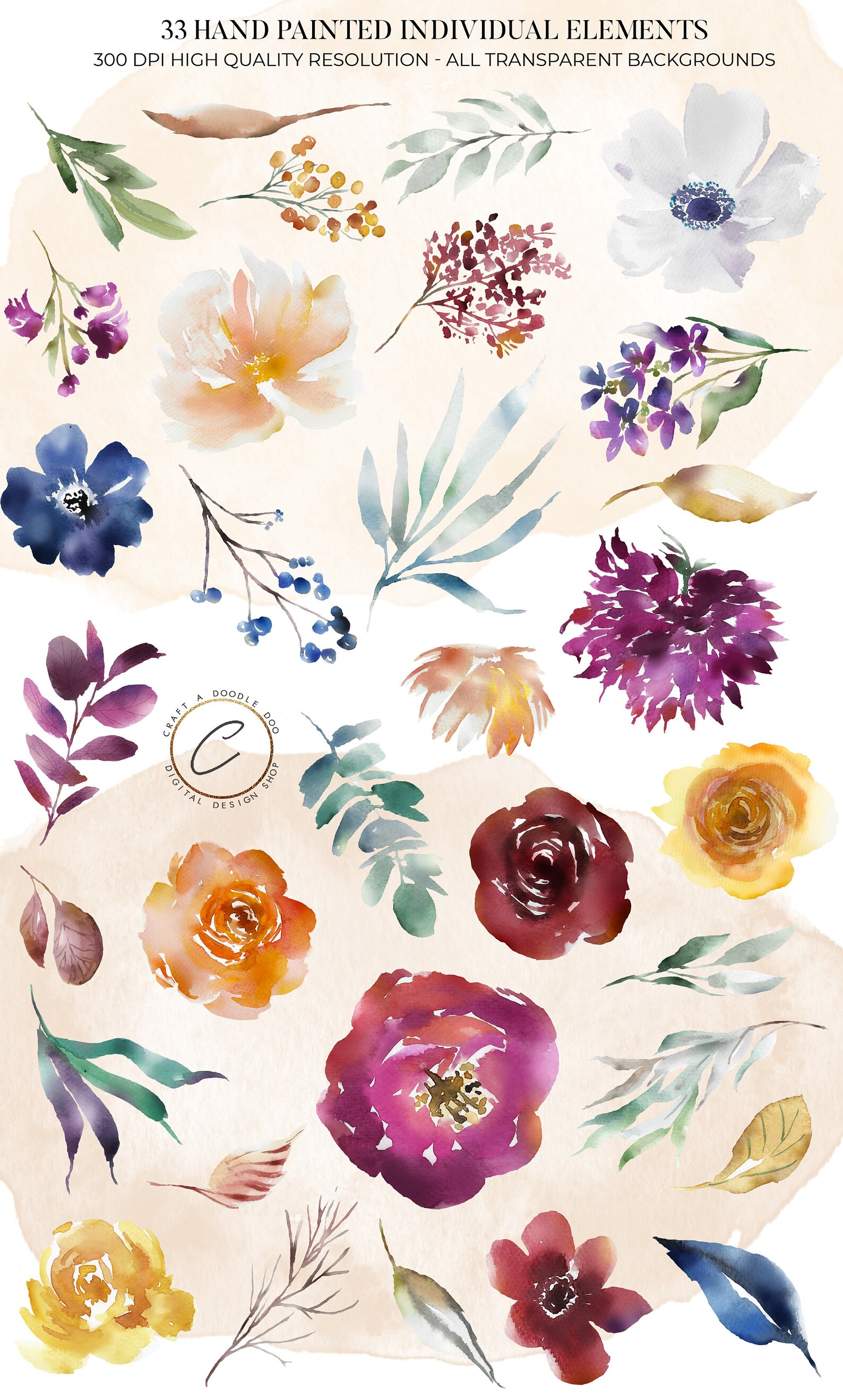 Boho Watercolor Floral Clipart Commercial Use Rustic Flower - Etsy