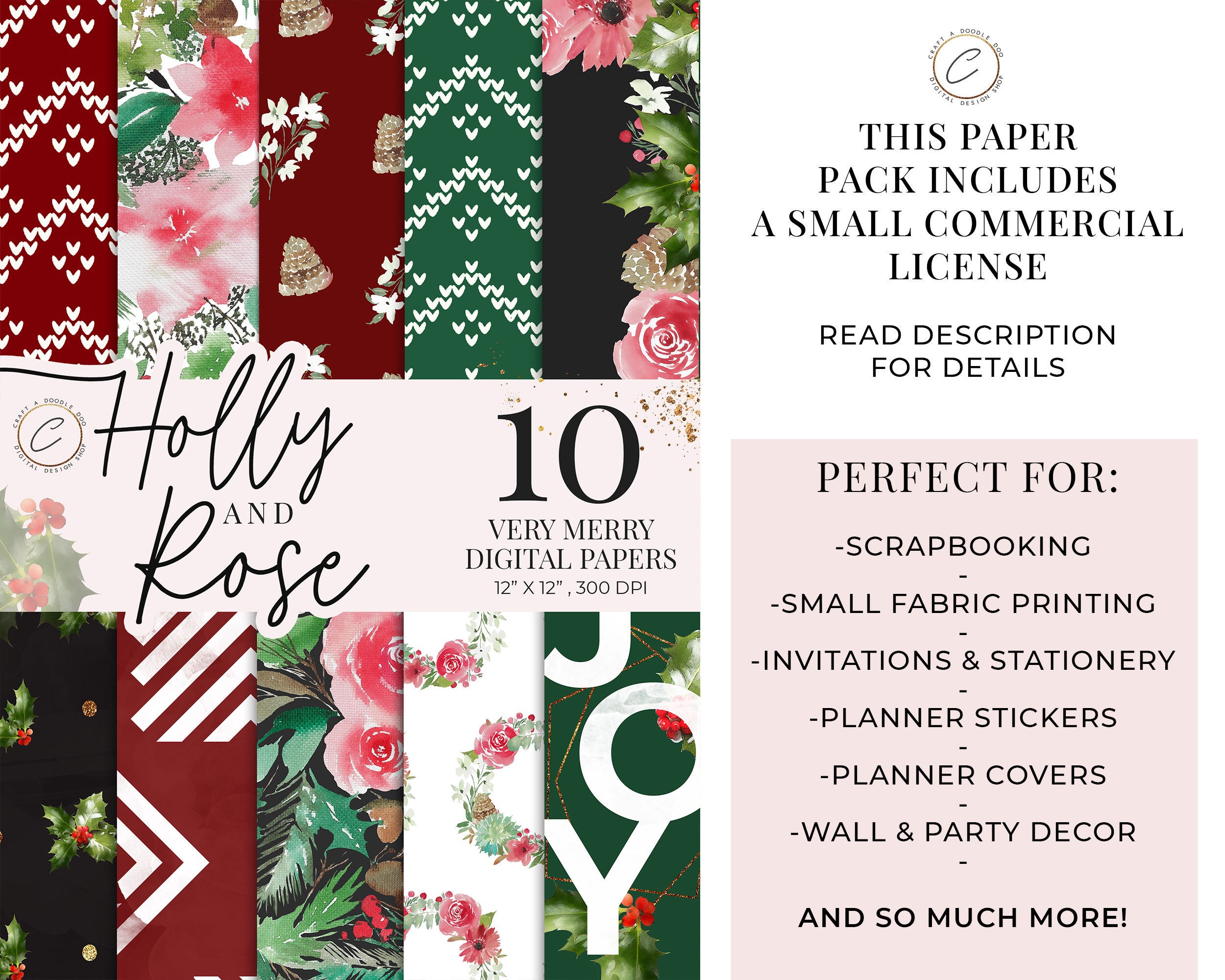 Holly Rose Digital Paper Pack Watercolor Holiday Paper Set - Etsy
