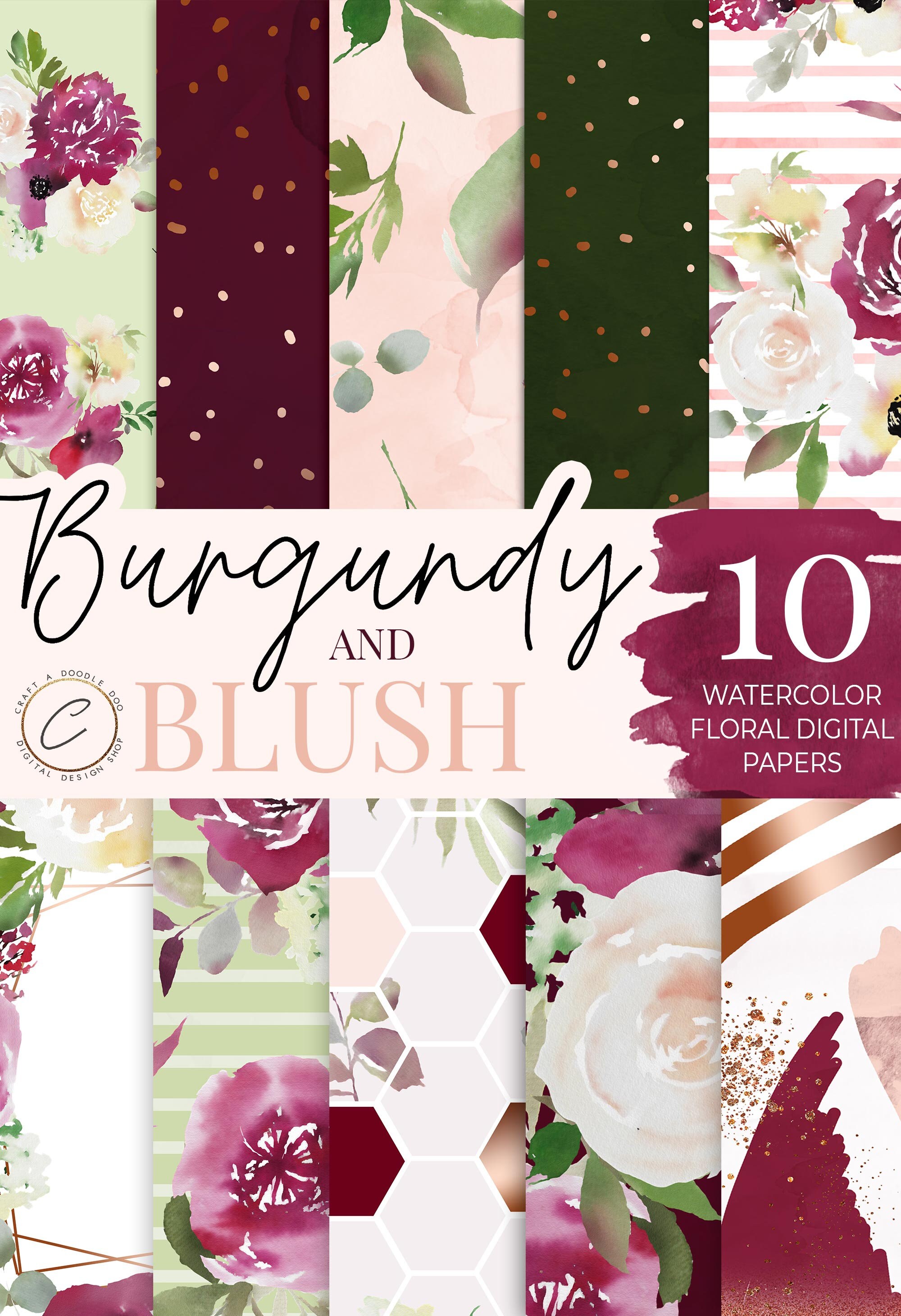 Burgundy Blush Designs Watercolor Floral Digital Paper Pack | Etsy