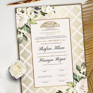 Editable Nikkah Contract Template, Digital Gold White Floral NIKAH NAMA ...