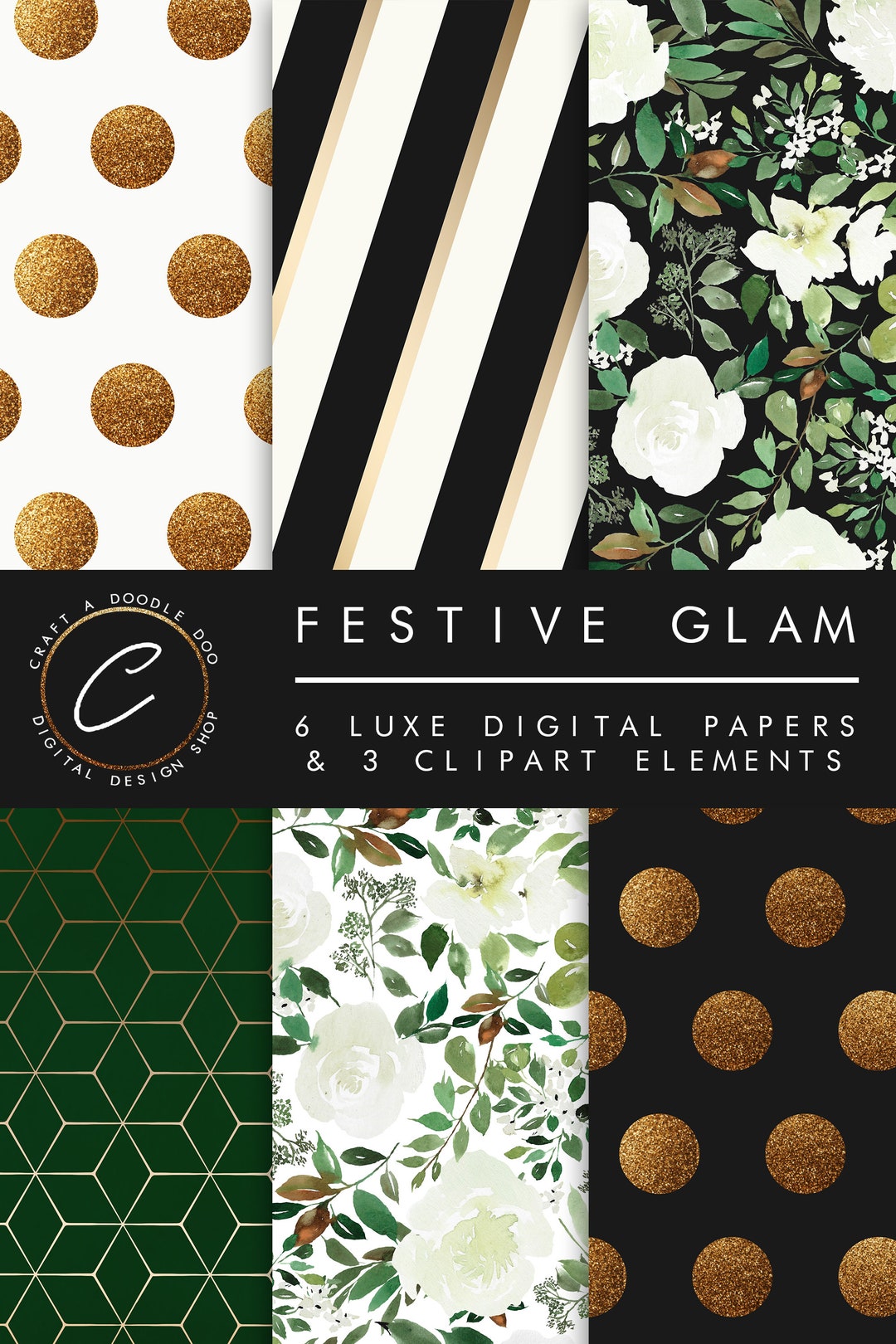 Festive Holiday Digital Paper Pack, Luxury Glam Black, Glitter, Gold ...