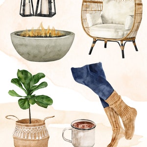 Watercolor Fall Decor Clipart, Cozy Autumn Clip Art Commercial Use PNG ...