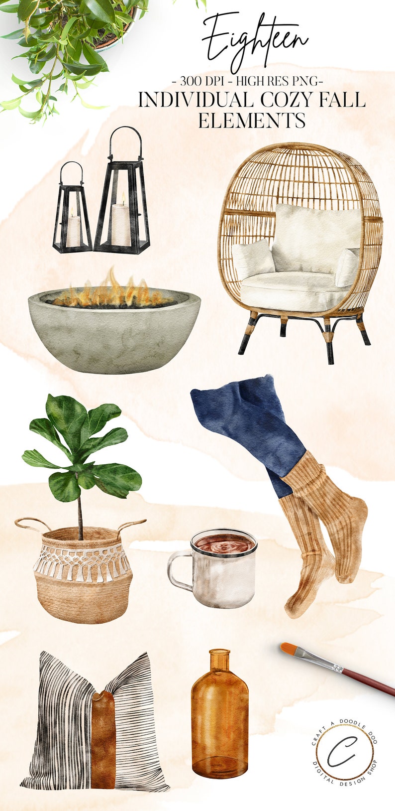 Watercolor Fall Decor Clipart Cozy Autumn Clip Art Commercial - Etsy