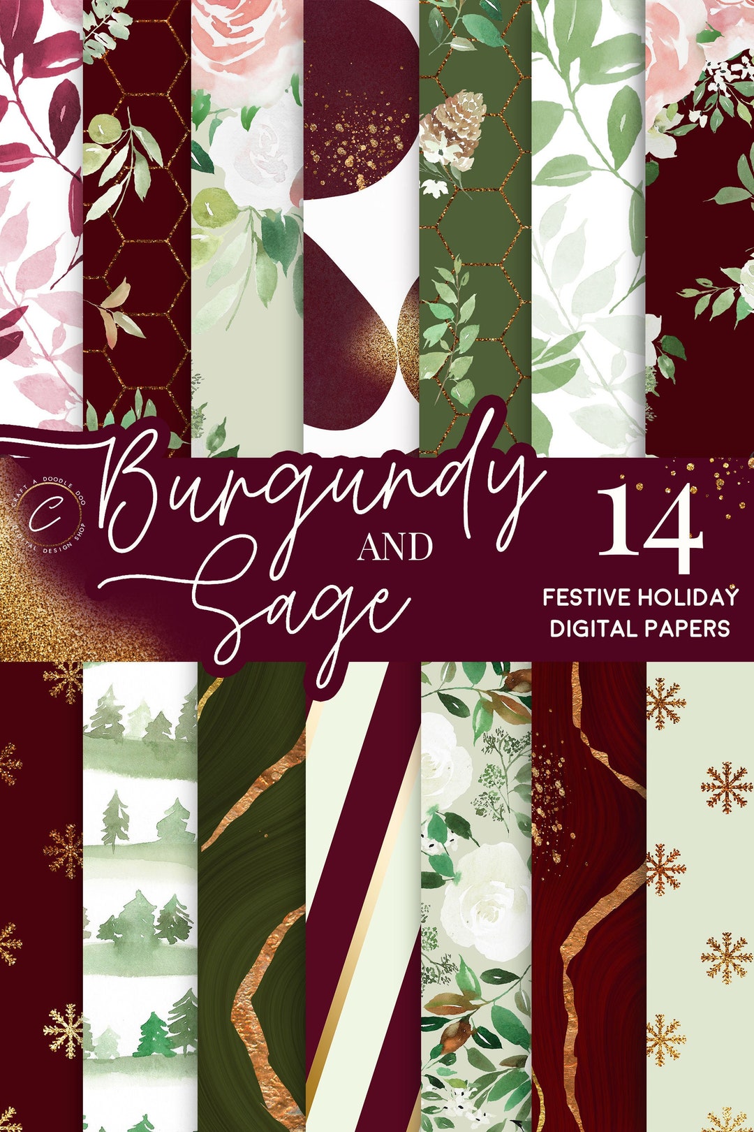 Burgundy Digital Holiday Paper Pack Download | Watercolor Floral ...