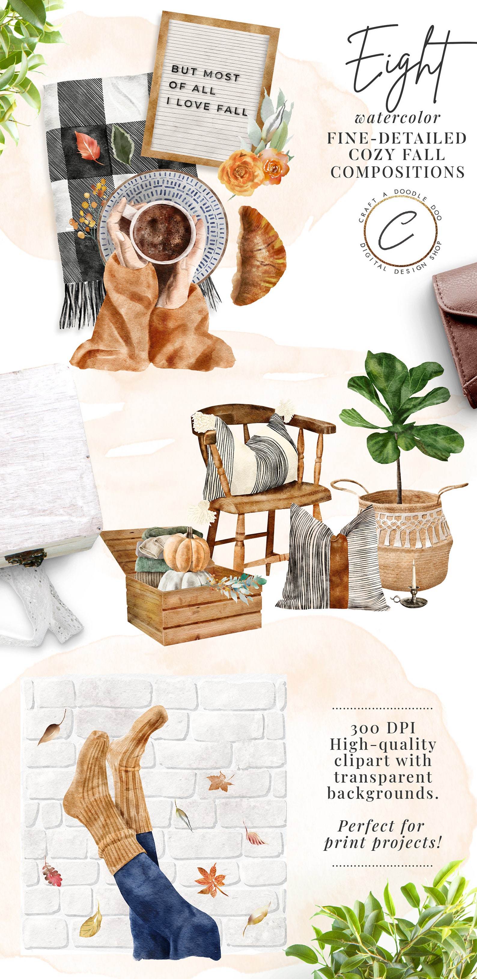 Watercolor Fall Decor Clipart Cozy Autumn Clip Art Commercial - Etsy