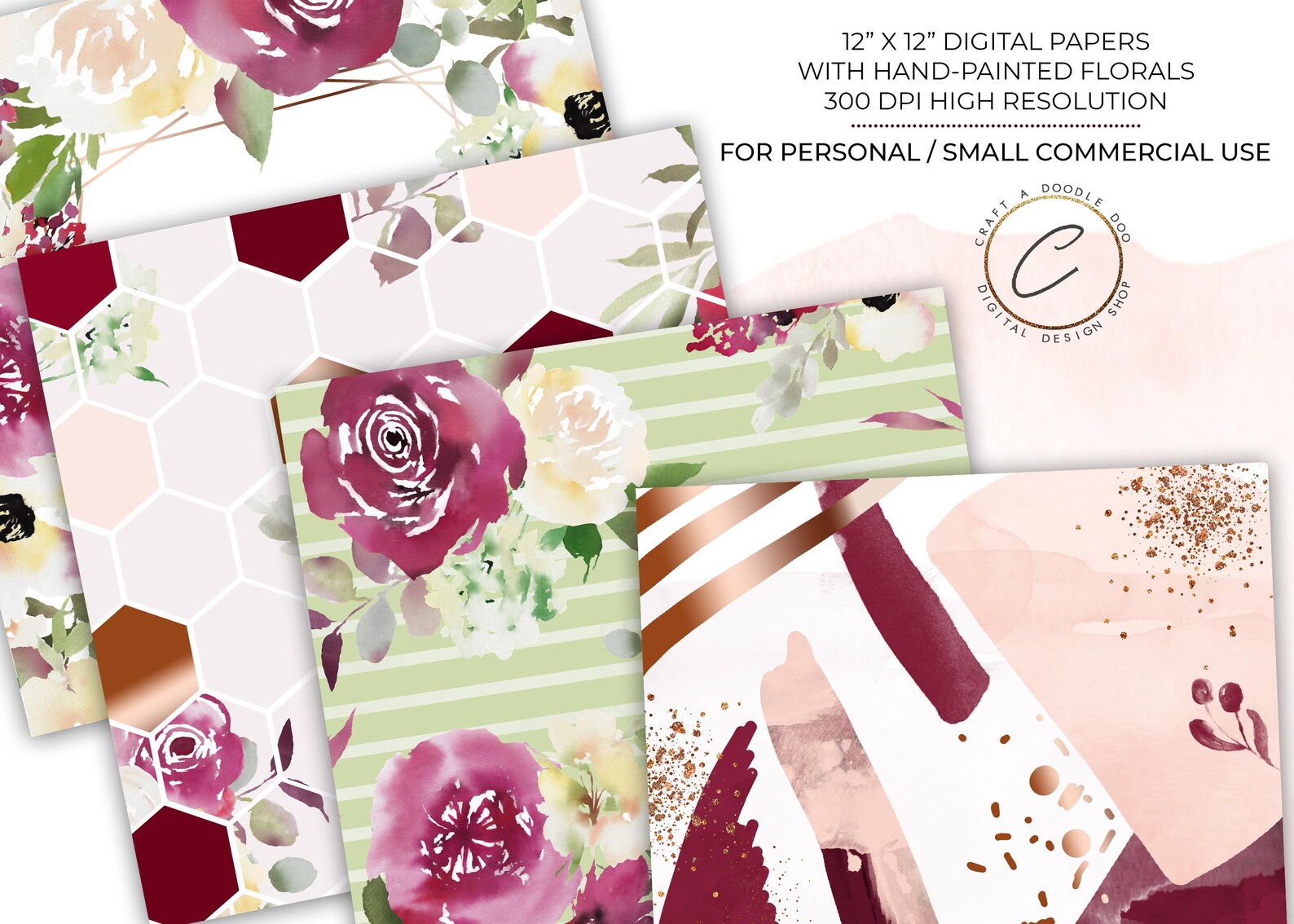 Burgundy Blush Designs Watercolor Floral Digital Paper Pack | Etsy