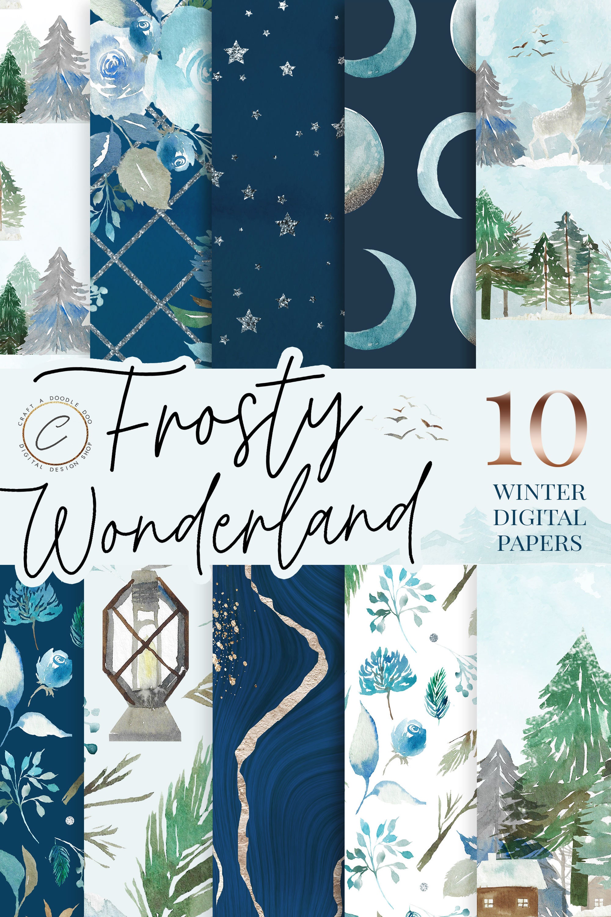 Blue Winter Digital Paper Pack Holiday Scrapbook Watercolor - Etsy