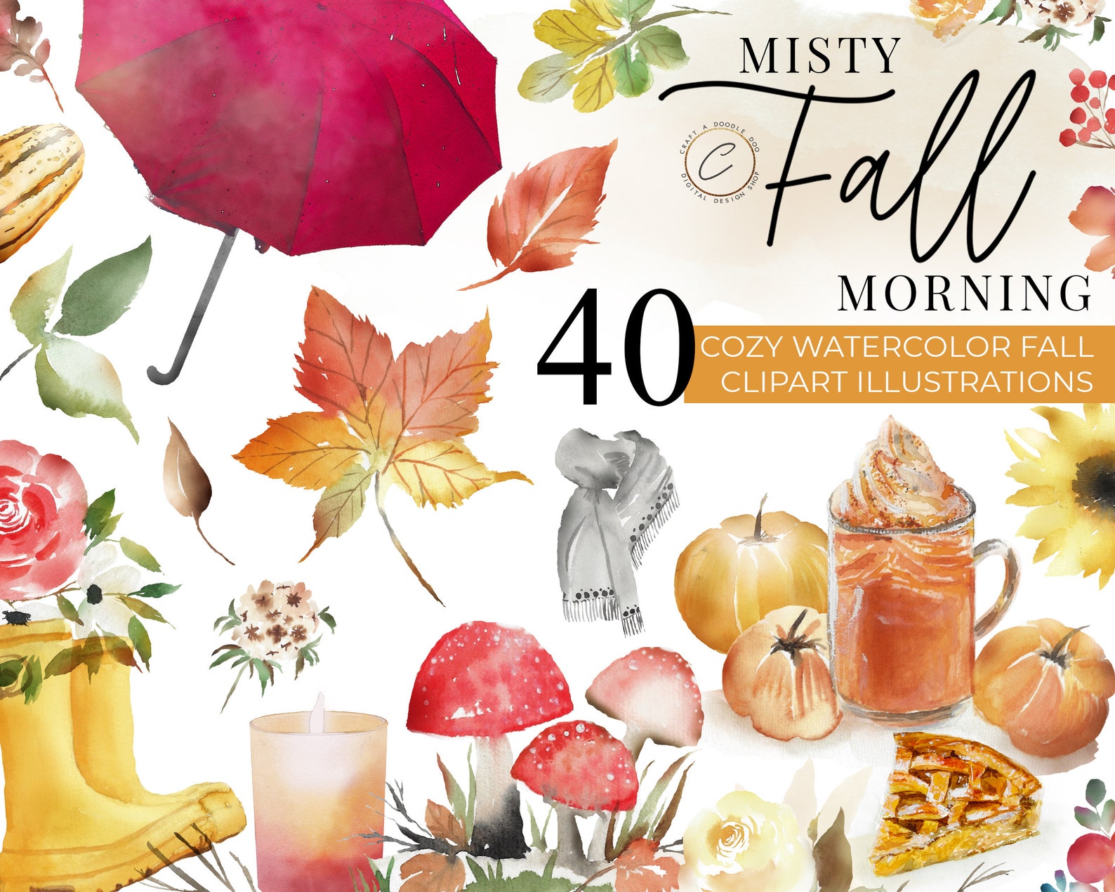 Rustic Fall Watercolor Clipart PNG Autumn Pumpkin Floral | Etsy