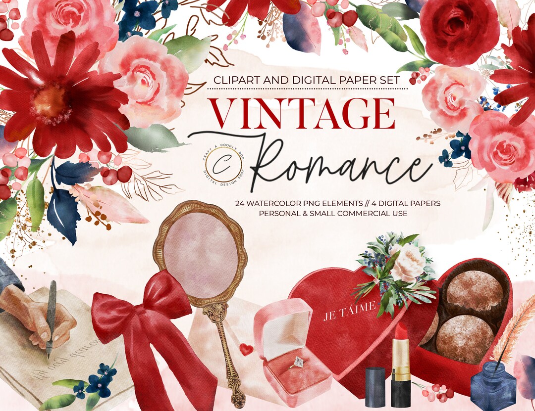Romantic Clipart Watercolor Digital Paper, Vintage PNG Graphics, Love ...