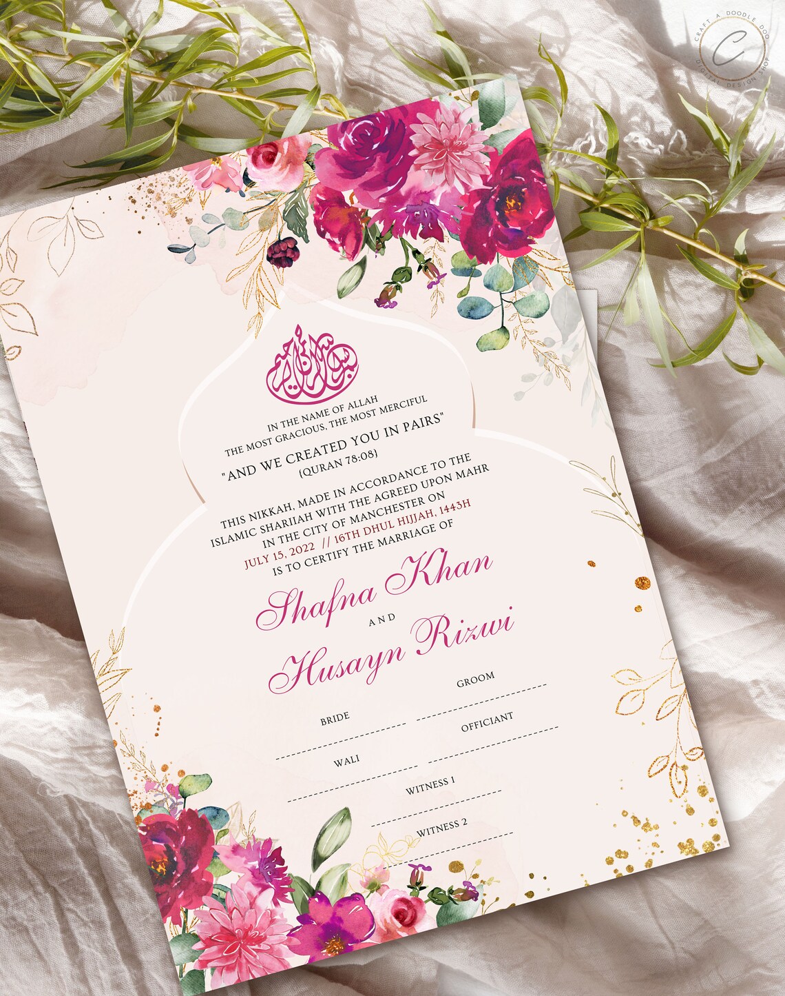 Editable Nikkah Contract Luxury Gold Pink Floral Nikahnama - Etsy