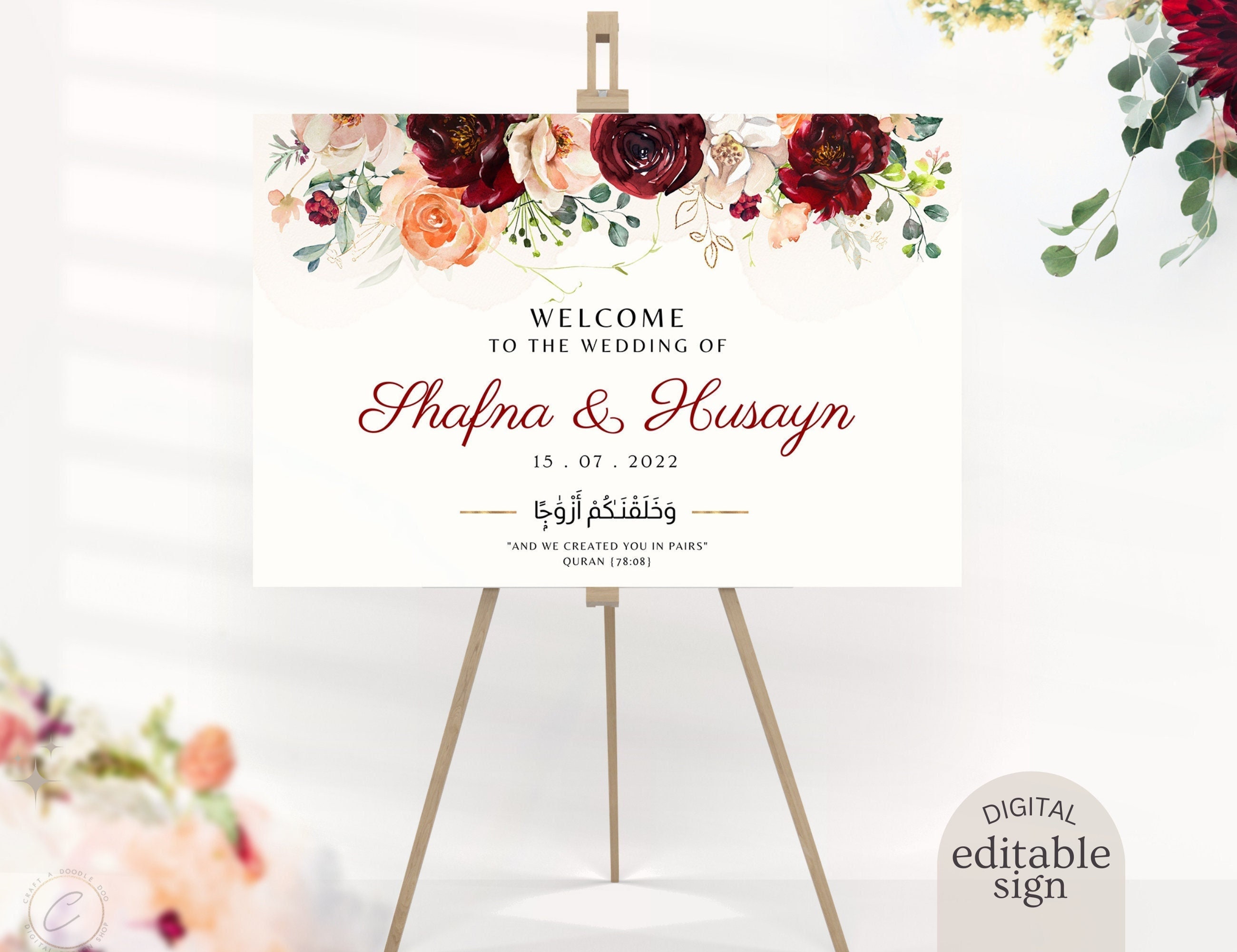 Muslim Wedding Welcome Sign Floral Burgundy Blush EDITABLE DIGITAL ...