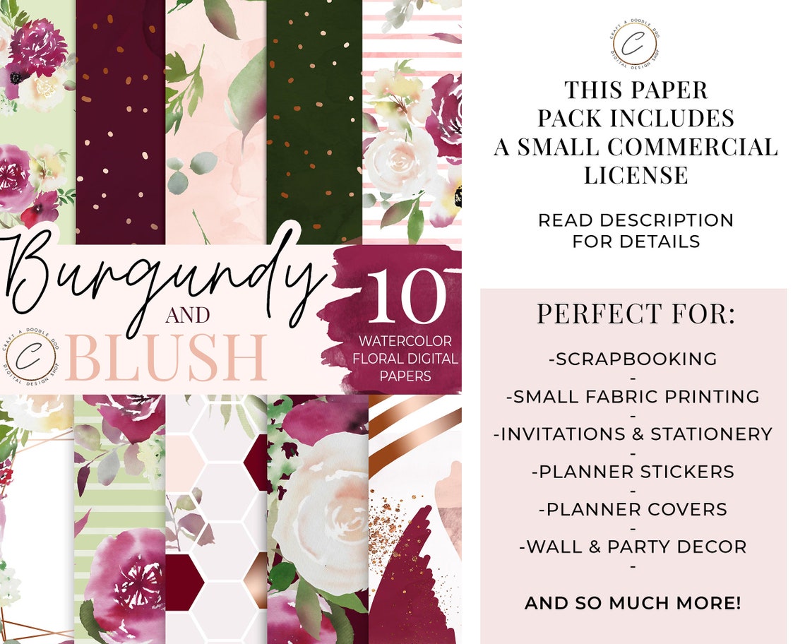 Burgundy Blush Designs Watercolor Floral Digital Paper Pack | Etsy