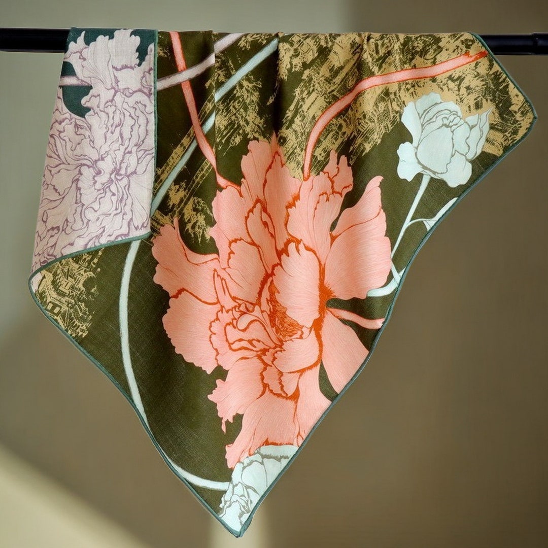 Cashmere Silk Scarf 25x25 Floral Scarf With Hand Roll Hem Cashmere ...