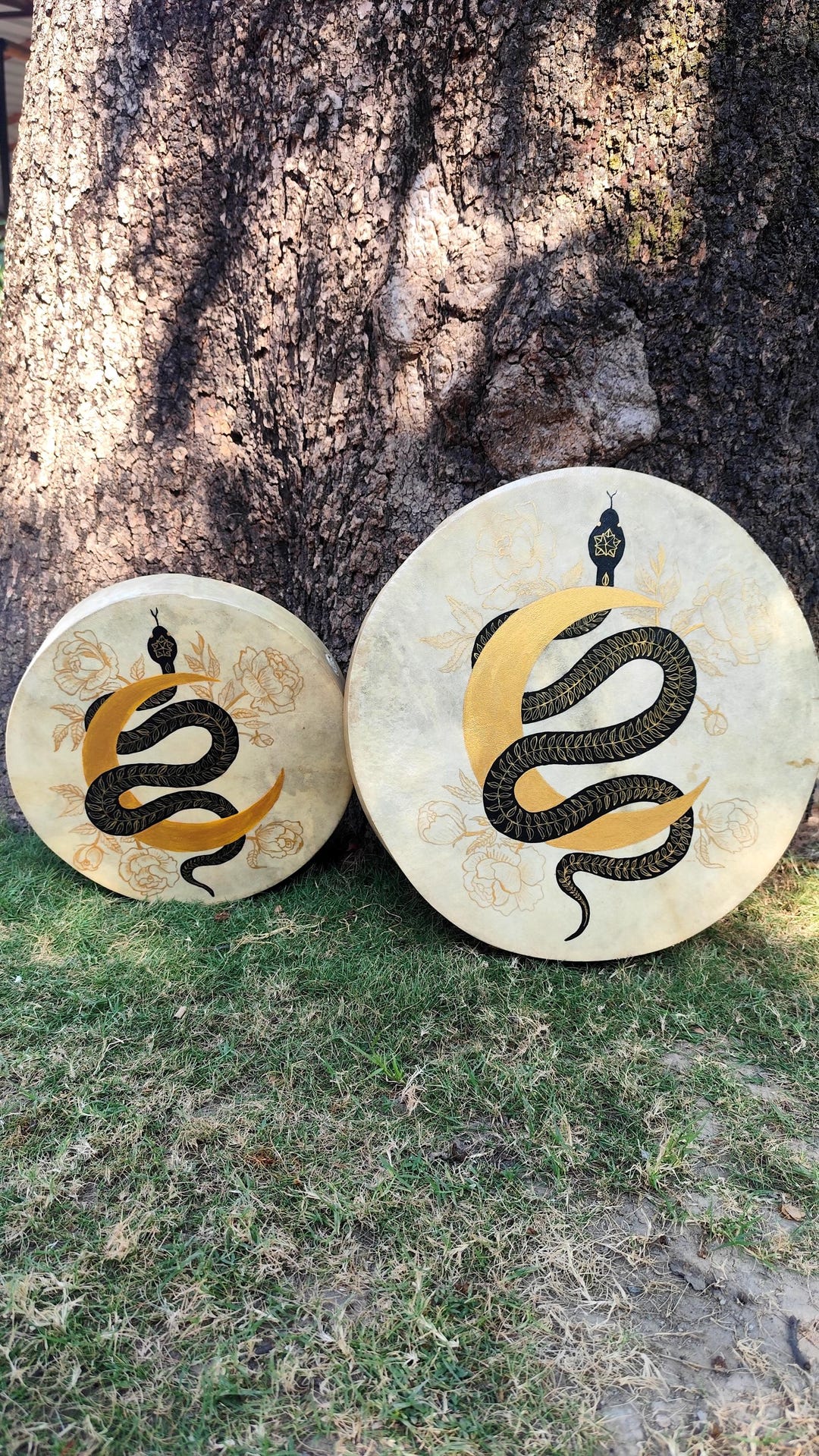 Hand Painted Serpent Crescent Moon Medicine Drum | Shamanic Ritual - Etsy