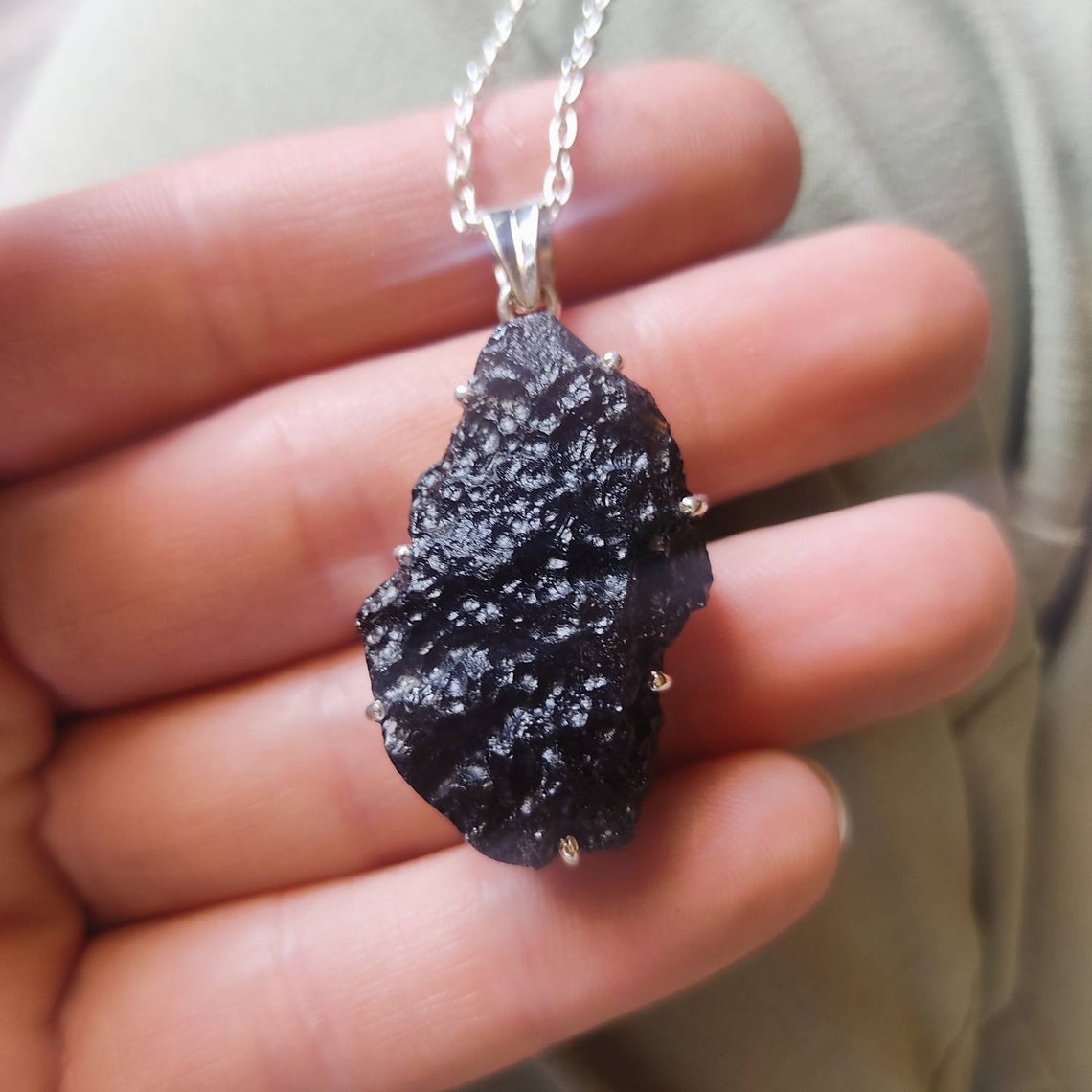 Tibetan Tektite Pendant Necklace, Telepathy Stone, 925 Sterling Silver ...