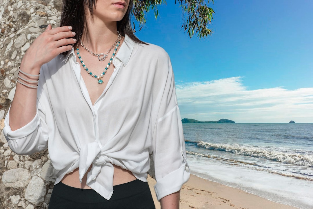 Blue Opal Elephant Pearls and Agate Chain Necklace, Wrap T Clasp Link ...