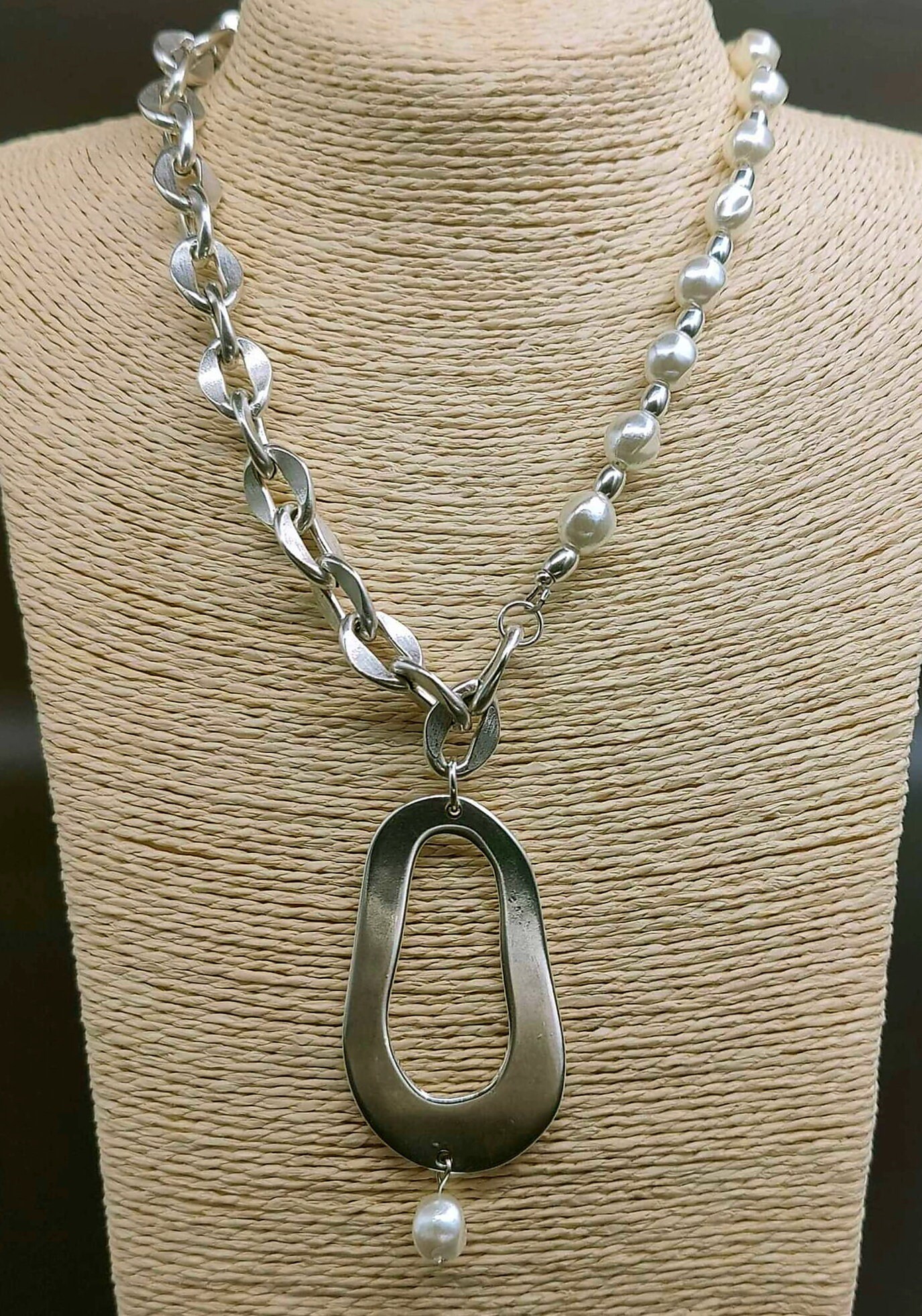 Chunky Steel Chain Pearl Necklace, Statement Thick Link Chain Abstract ...