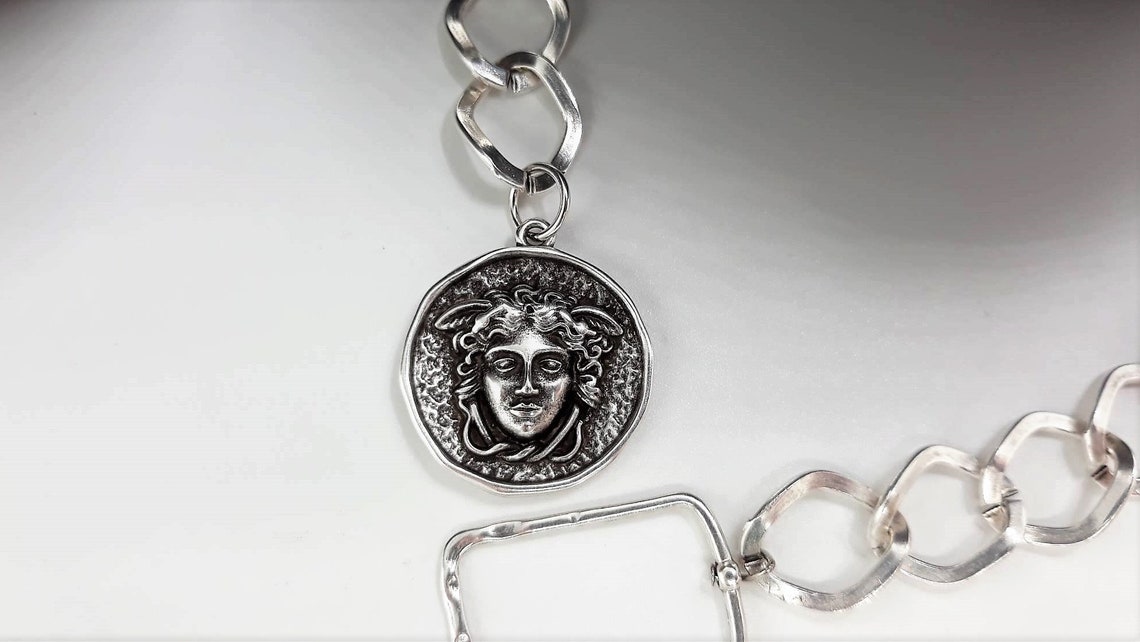 Medusa Chunky Chain Lariat Necklace Silver Curb Chain - Etsy