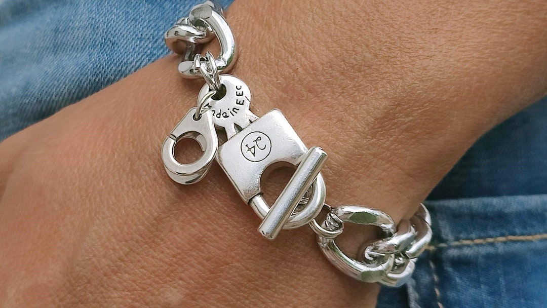 Lock and Key Thik Chain Bracelet• Womens Silver Handcuffs Charm ...