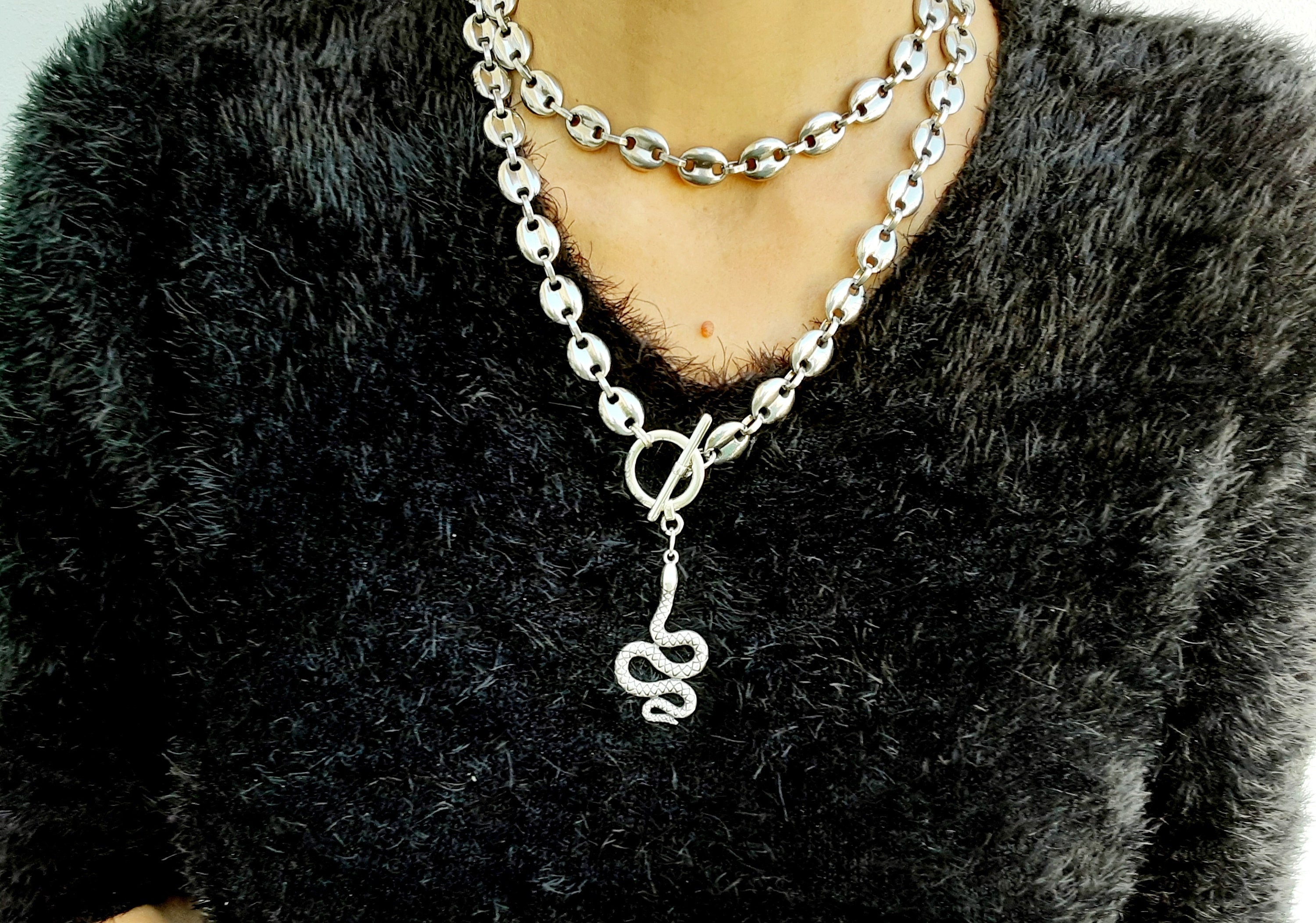 Large Snake Thick Chain Antique Silver Necklace Statement - Etsy