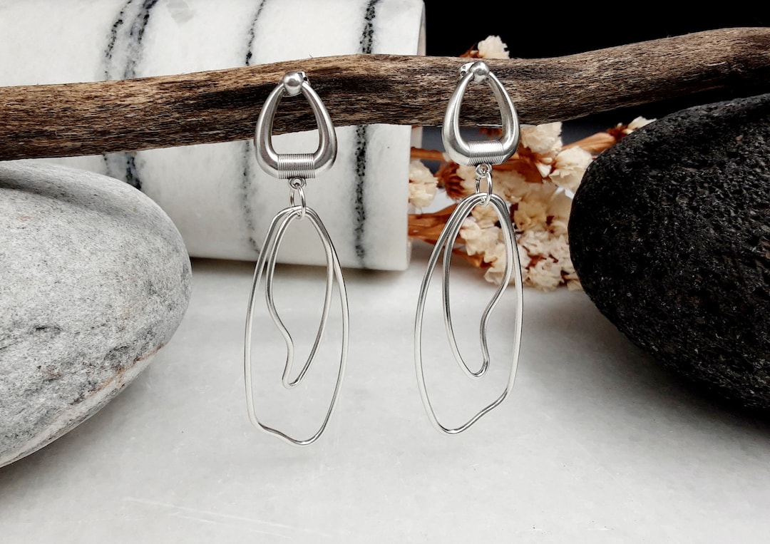 Abstract Shape Dainty Line Silver Earrings, Geometric Sharp ...