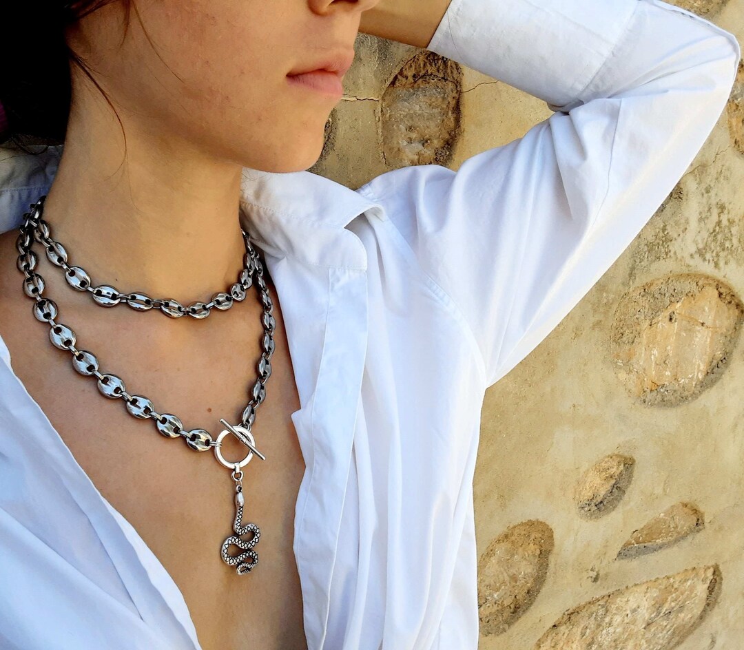 Large Snake Thick Chain Antique Silver Necklace, Statement Engraved ...