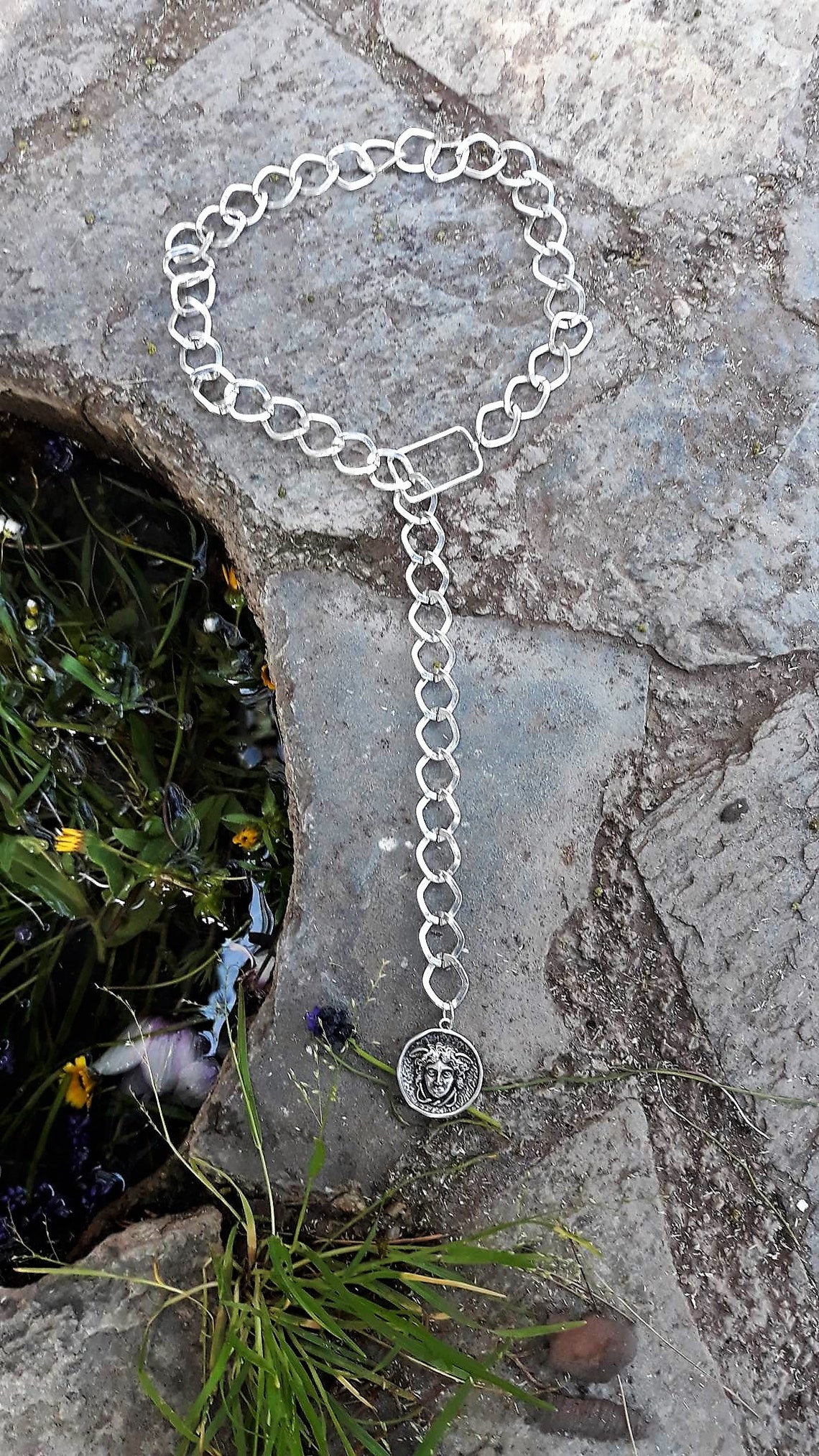Medusa Chunky Chain Lariat Necklace Silver Curb Chain - Etsy