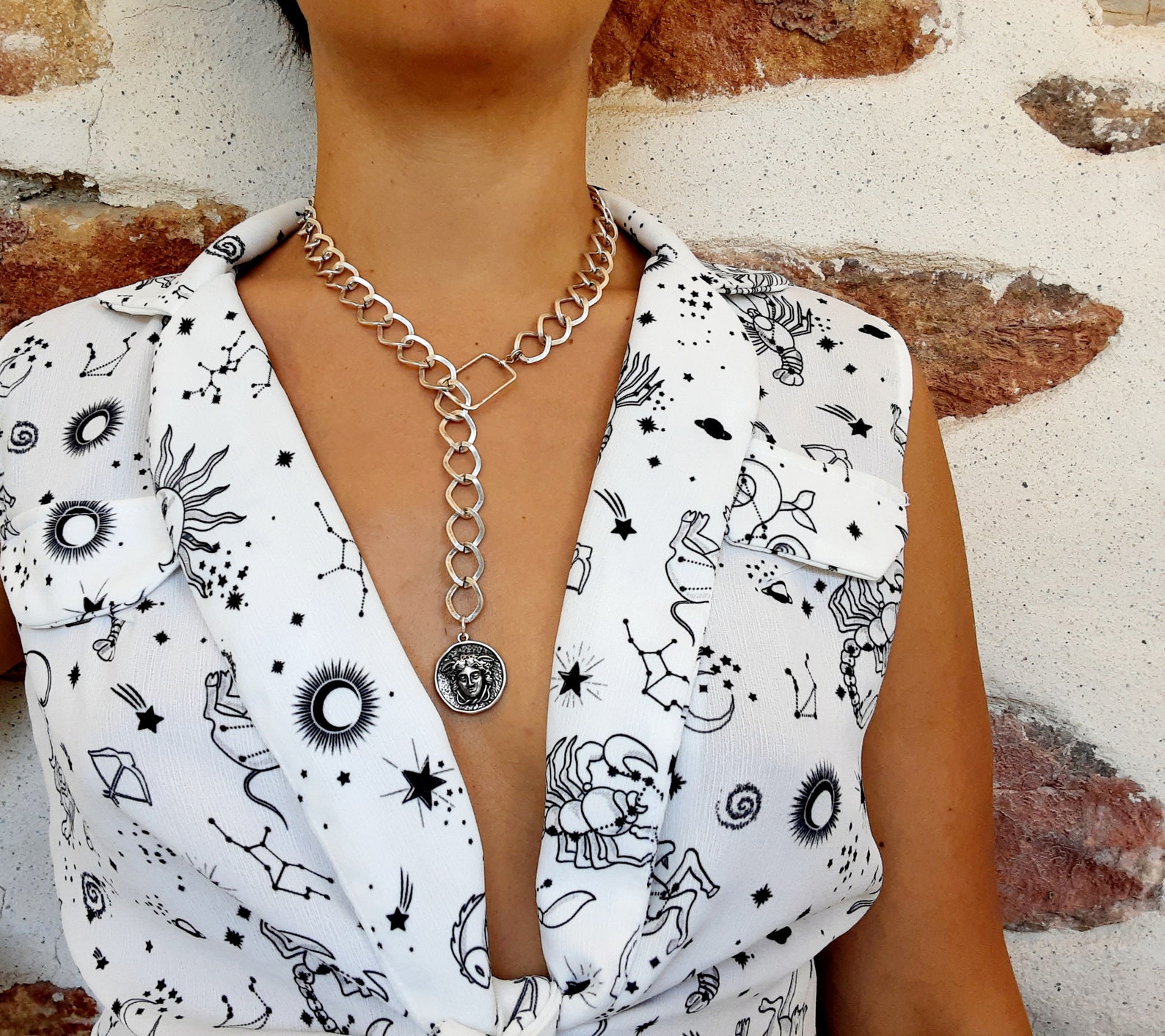 Medusa Chunky Chain Lariat Necklace Silver Curb Chain - Etsy