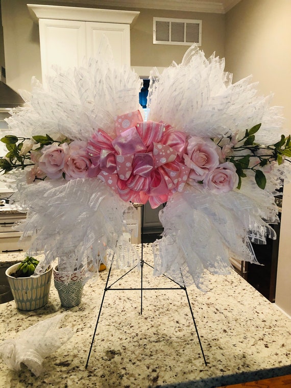 Home Décor Funeral Wreath Gift for Her Angel Wings Grieving Pink Angel ...