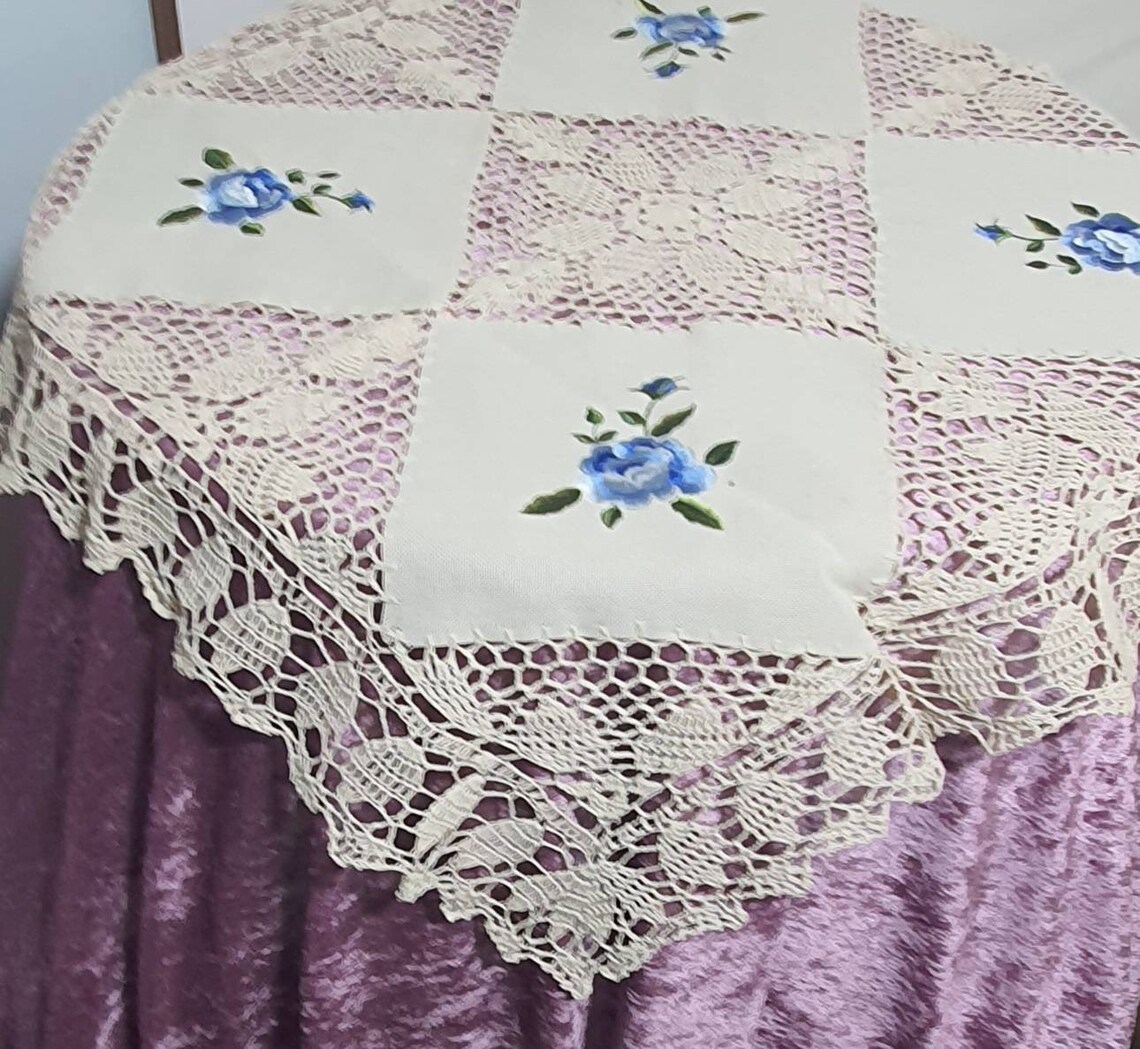 Summer Table Topper, Linen, Blue Embroidered & Crochet Doily, Rustic ...