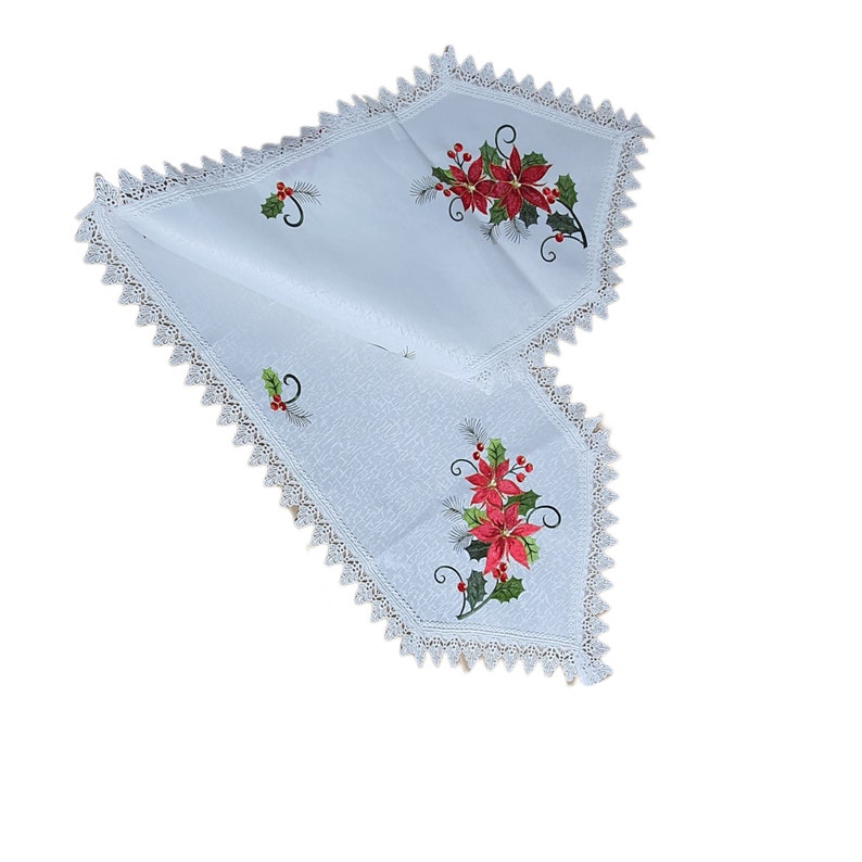 Long Table Runner White Christmas Table Runner, Embroidered Red Flower ...