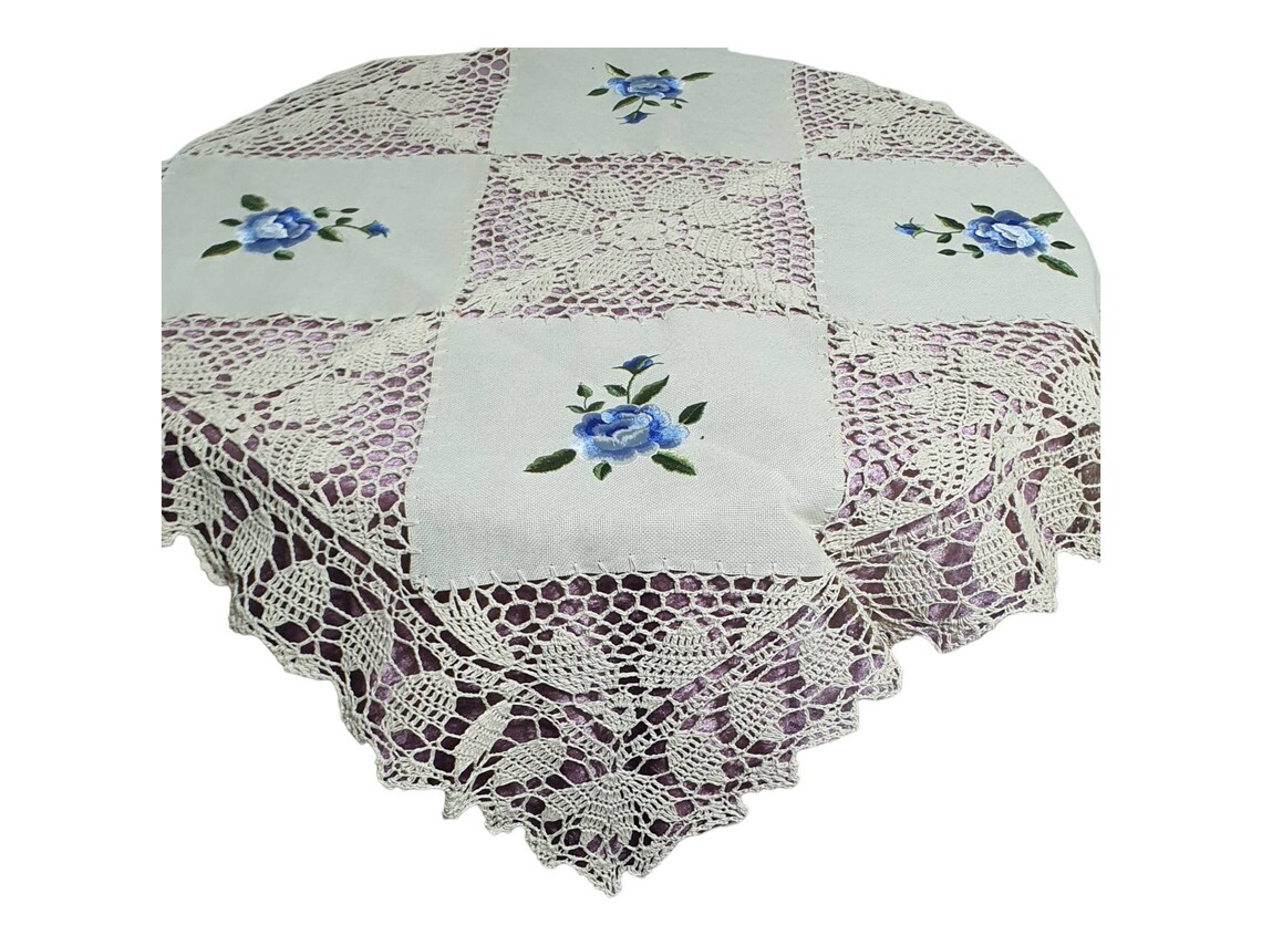 Summer Table Topper, Linen, Blue Embroidered & Crochet Doily, Rustic ...