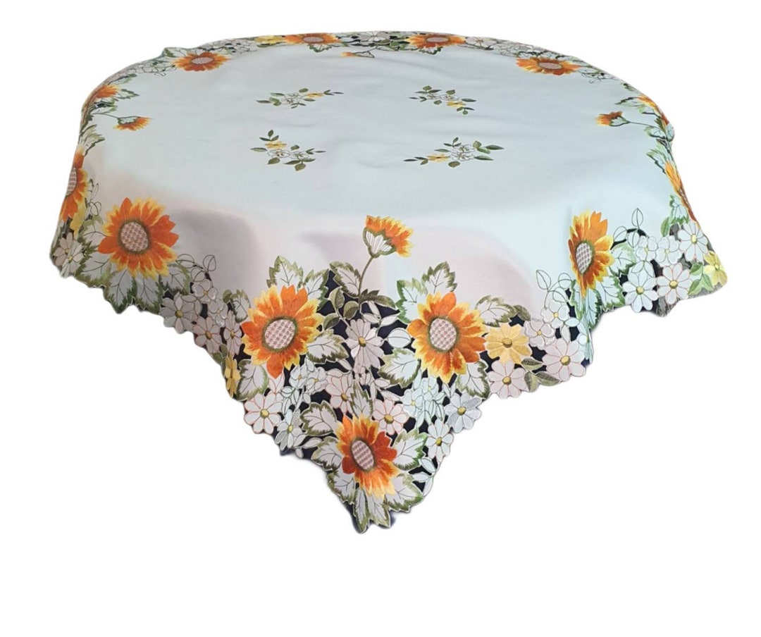 Summer Ecri Table Topper, Yellow Summer Flower, Embroidered, Rustic ...