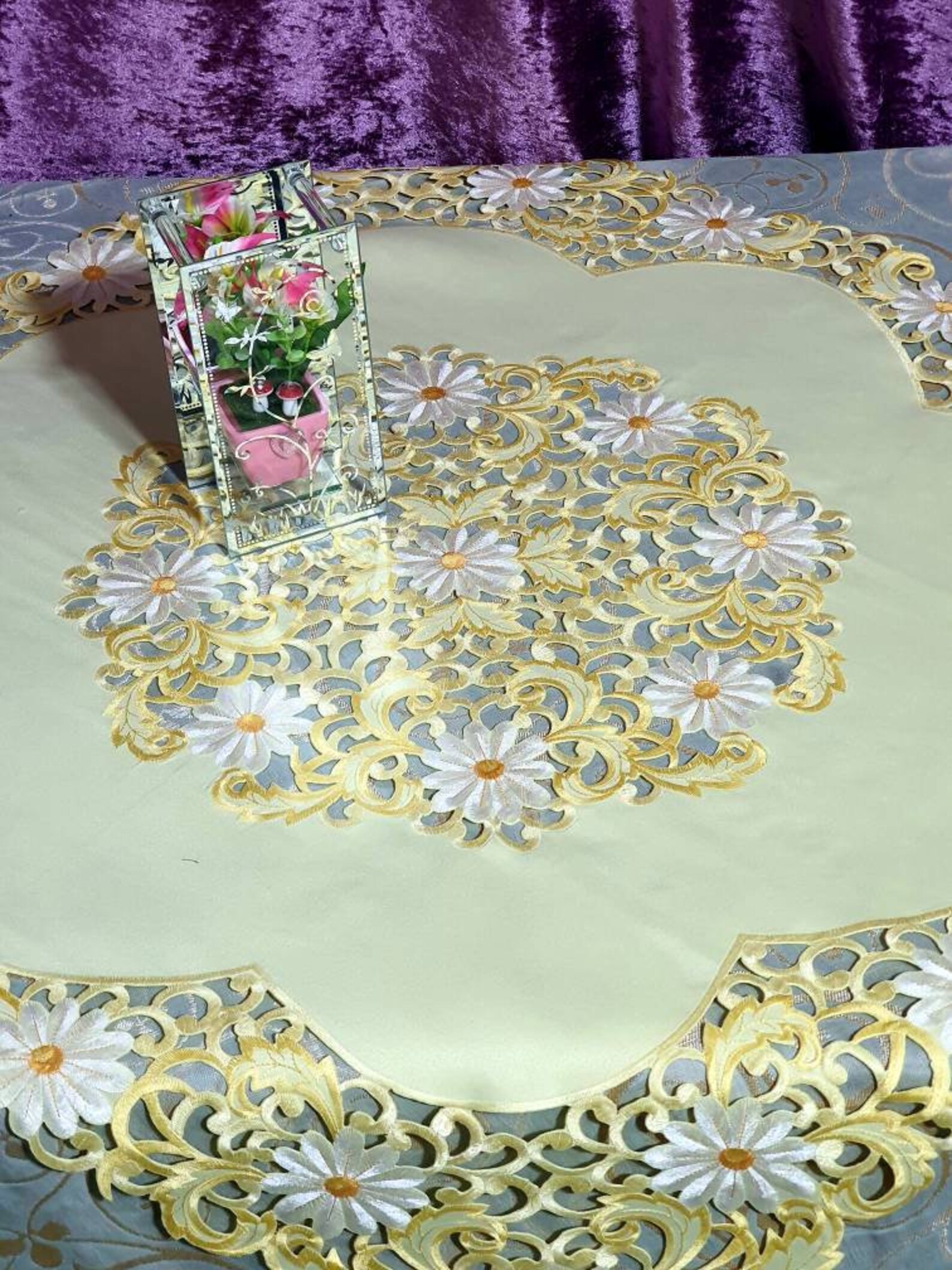 Summer Yellow Table Topper White Green Flower Embroidered - Etsy