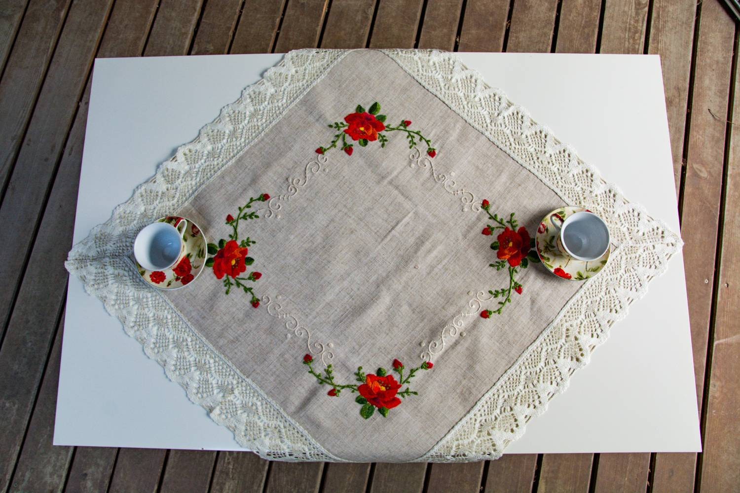Linen Table Topper With LACE, Summer Table Topper, Embroidered Flower ...