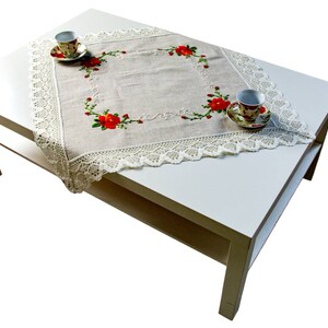 Linen Table Topper With LACE, Summer Table Topper, Embroidered Flower ...