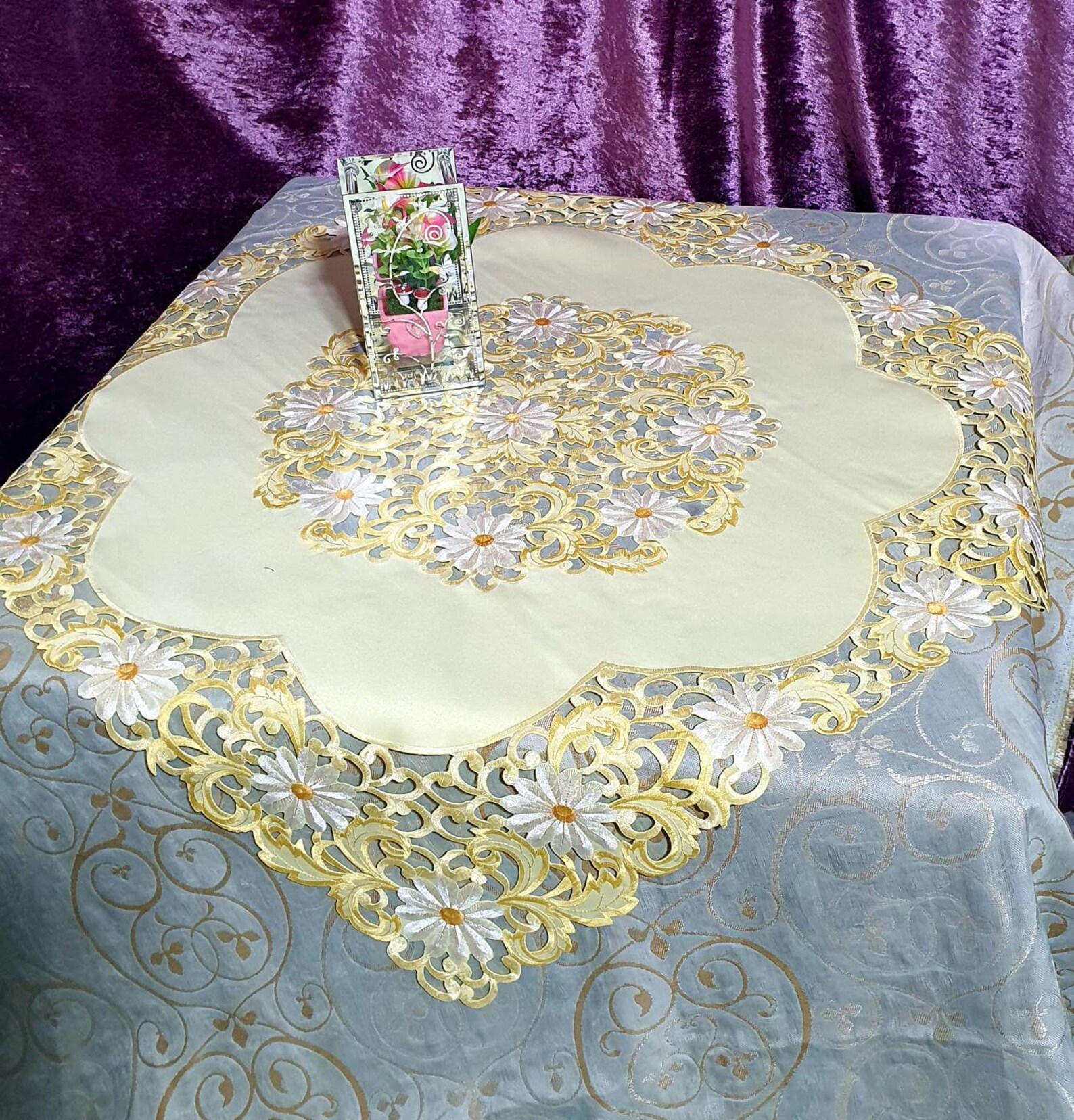 Summer Yellow Table Topper White Green Flower Embroidered - Etsy