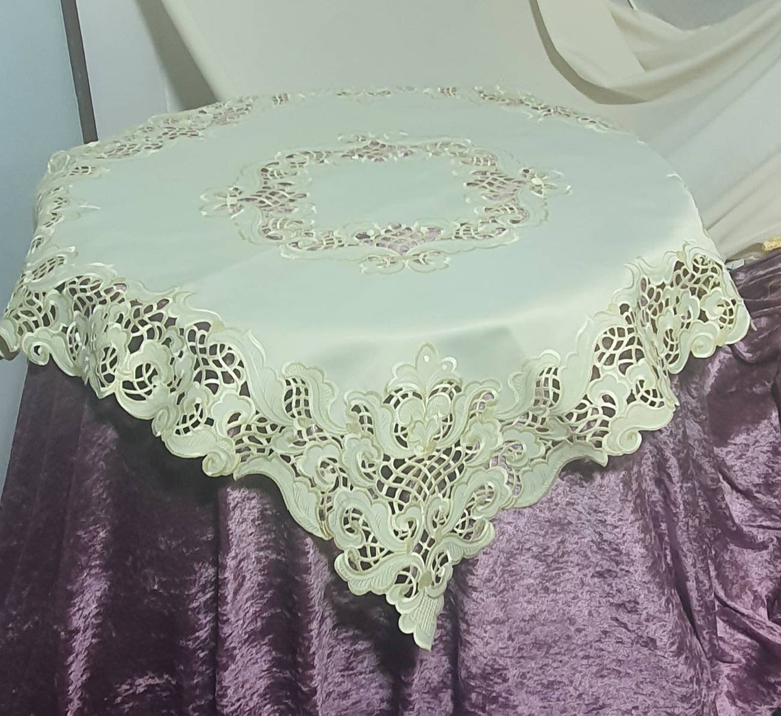 Elegant Table Topper, Creme Yellow Ecri, Centerpiece Embroidered ...