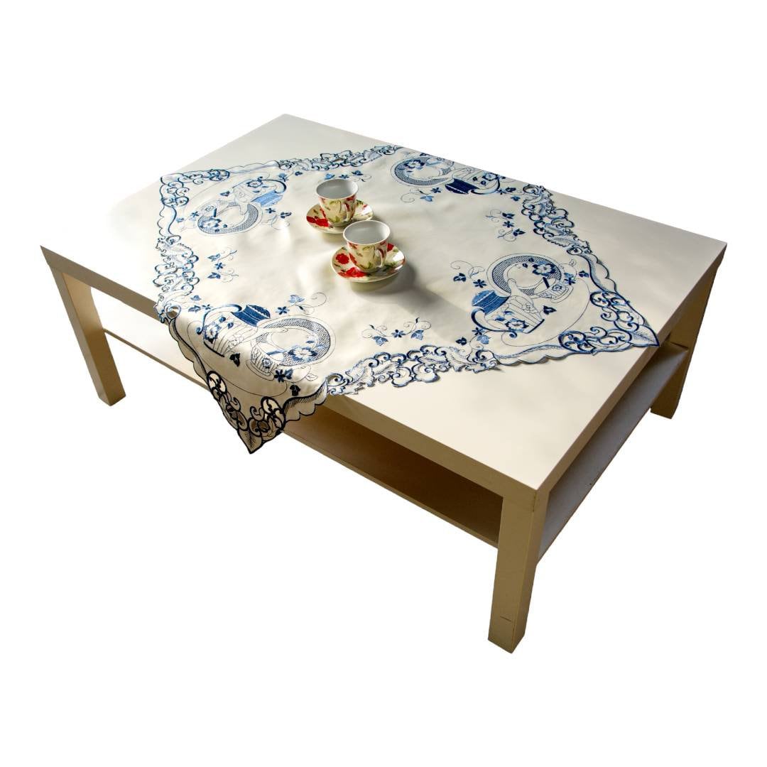 White Table Topper, Blue Embroidered Richelieu, Rustic Table, Kitchen ...