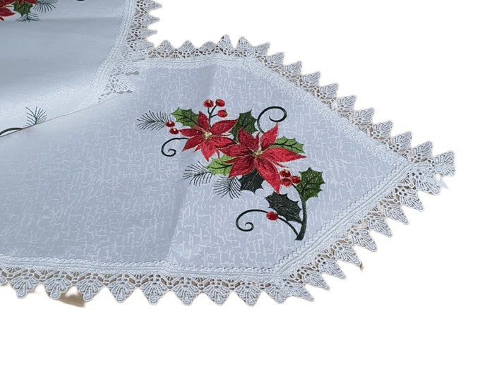 Long Table Runner White Christmas Table Runner, Embroidered Red Flower ...